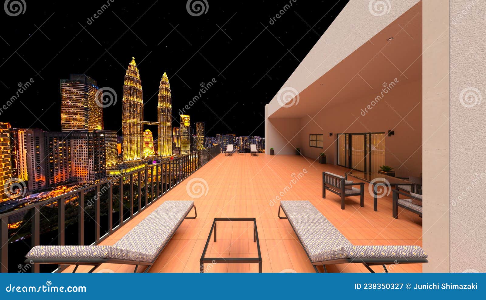 3D Rendering of the Terrace with Night View Stock Illustration ...