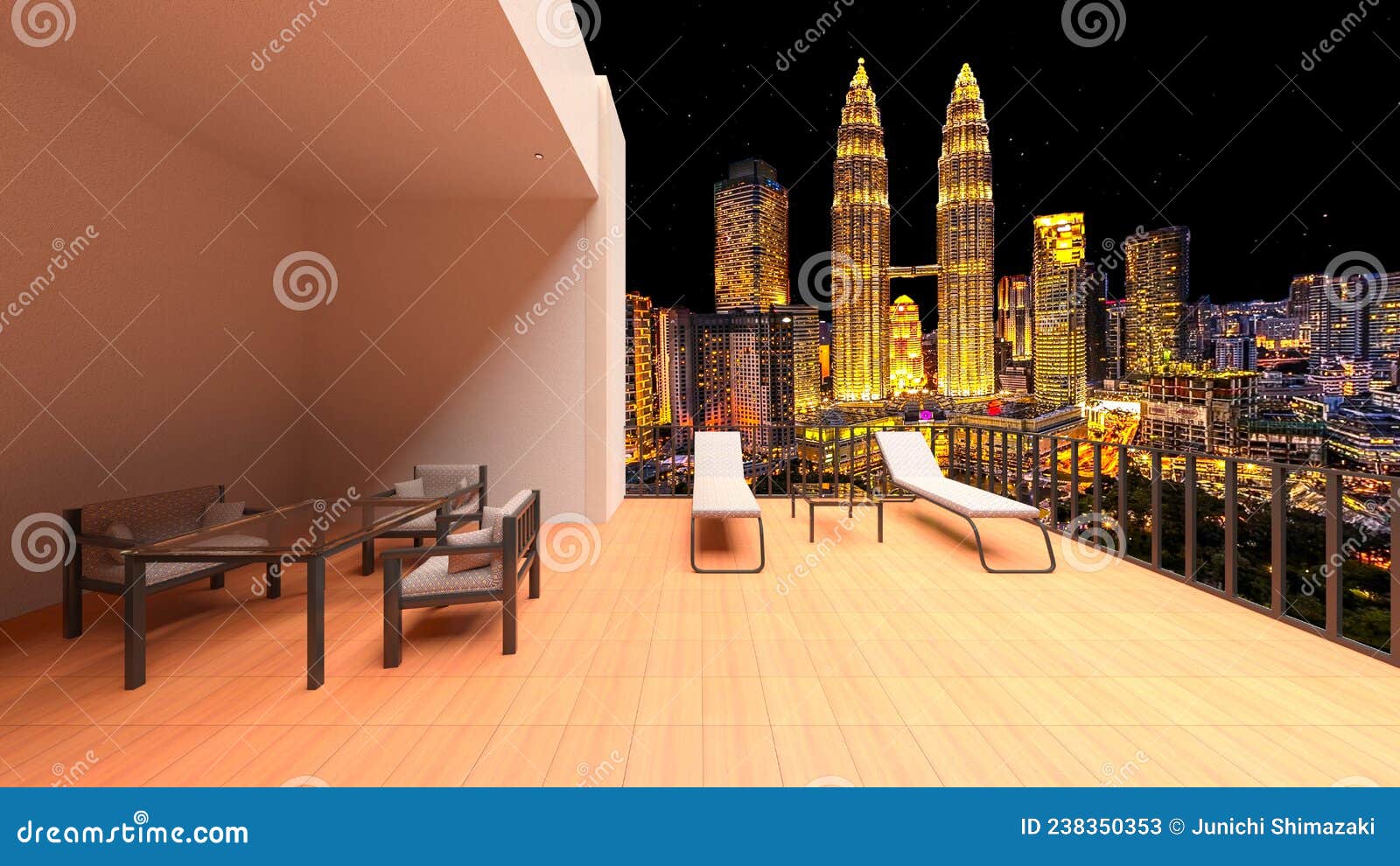 3D Rendering of the Terrace with Night View Stock Illustration ...