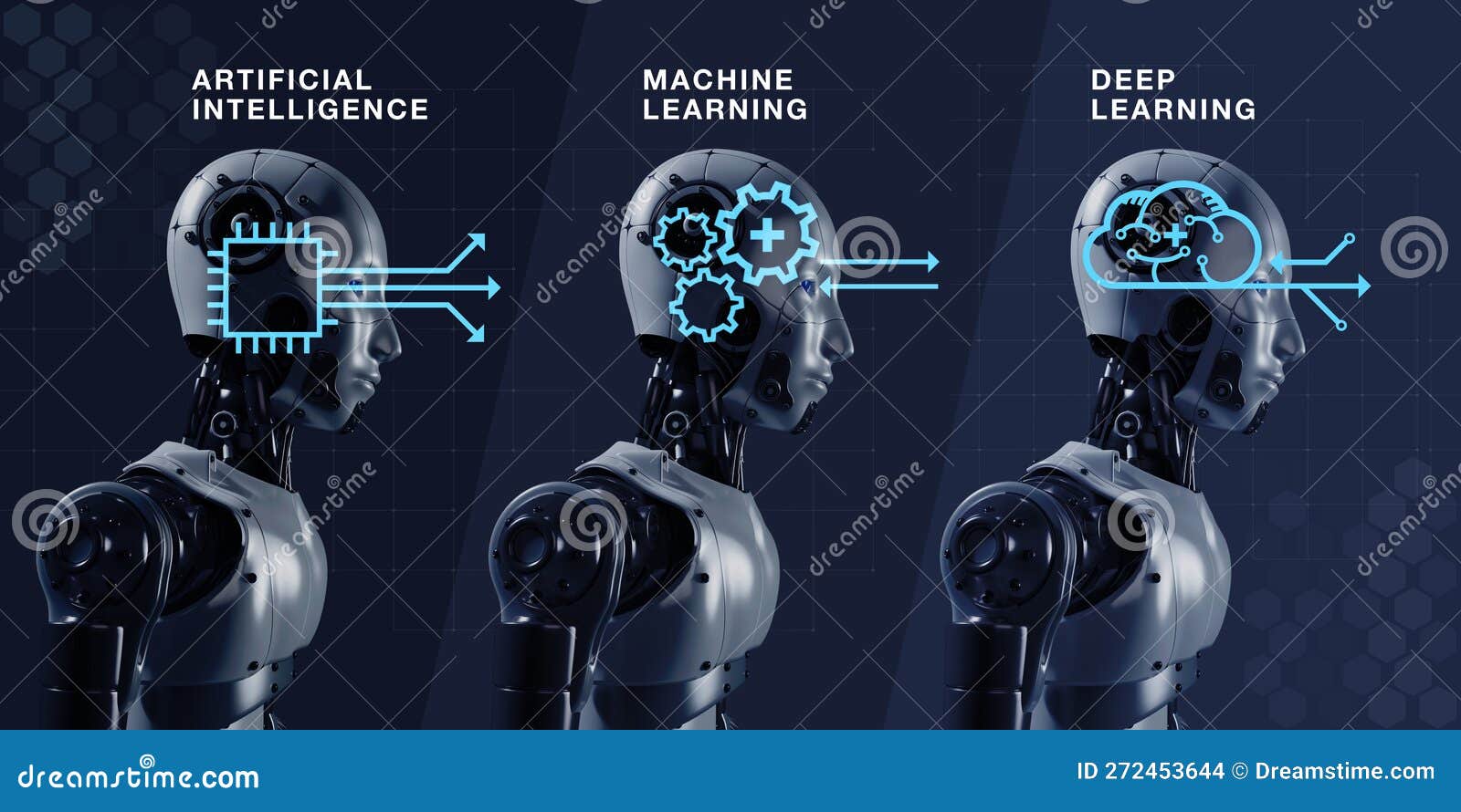 3d Rendering of Three AI Humanoid Robot Cyborgs on Blue Background ...