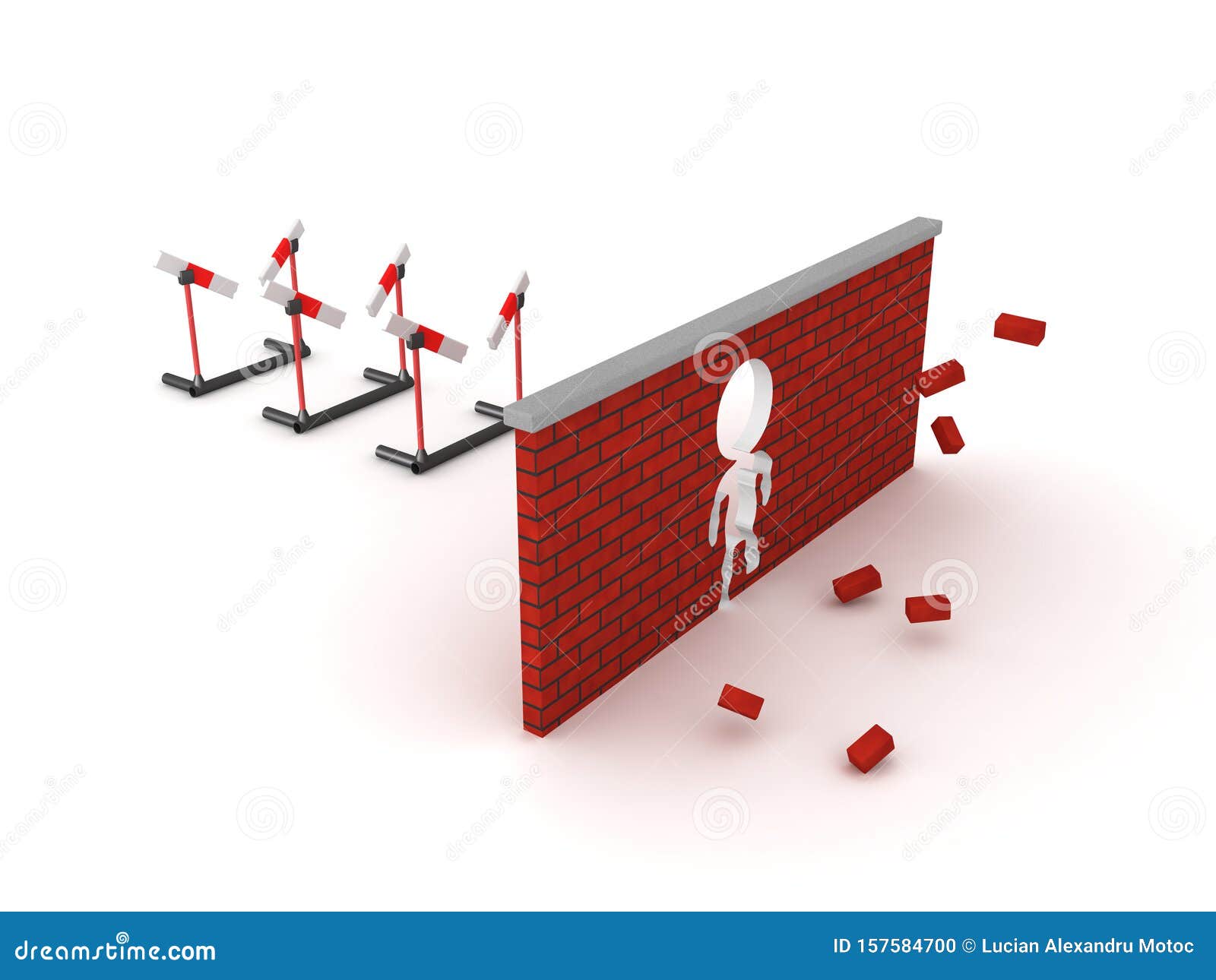 3D Rendering of Three Broken Hurdles and Smashed Brick Wall Stock ...