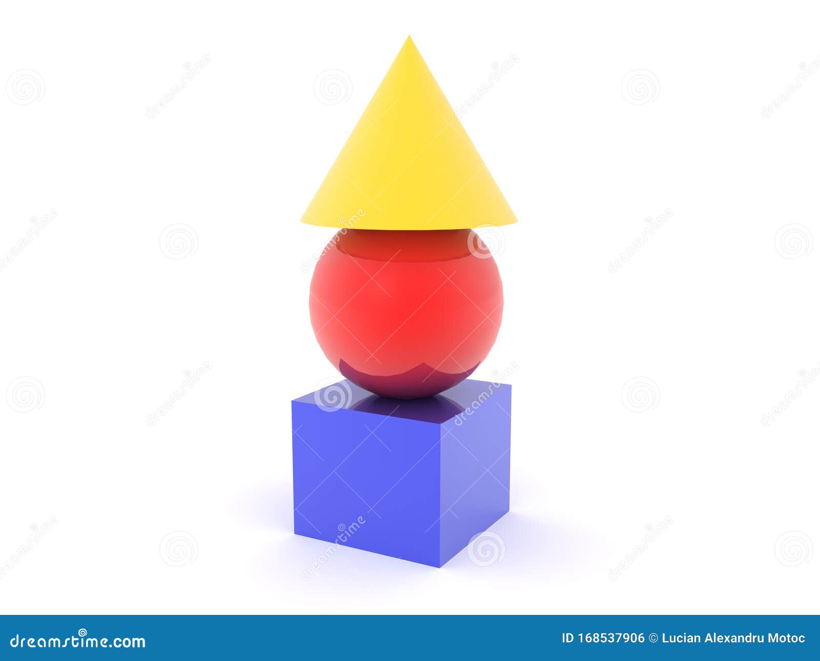 3d Rendering Of Three Colorful Geometric Objects A Cube A Cone And Sphere Stock Illustration