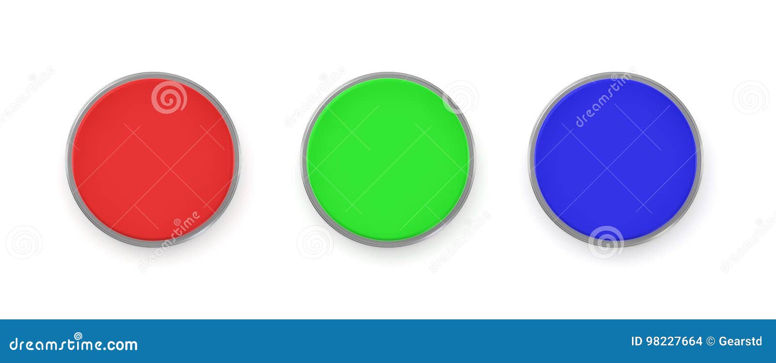 3d Rendering of Three Colorful Push Buttons, a Red, a Blue and a Green ...
