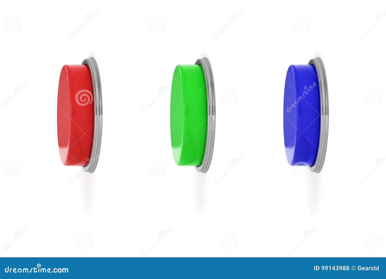 3d Rendering of Three Colorful Push Buttons, a Red, a Blue and a Green ...