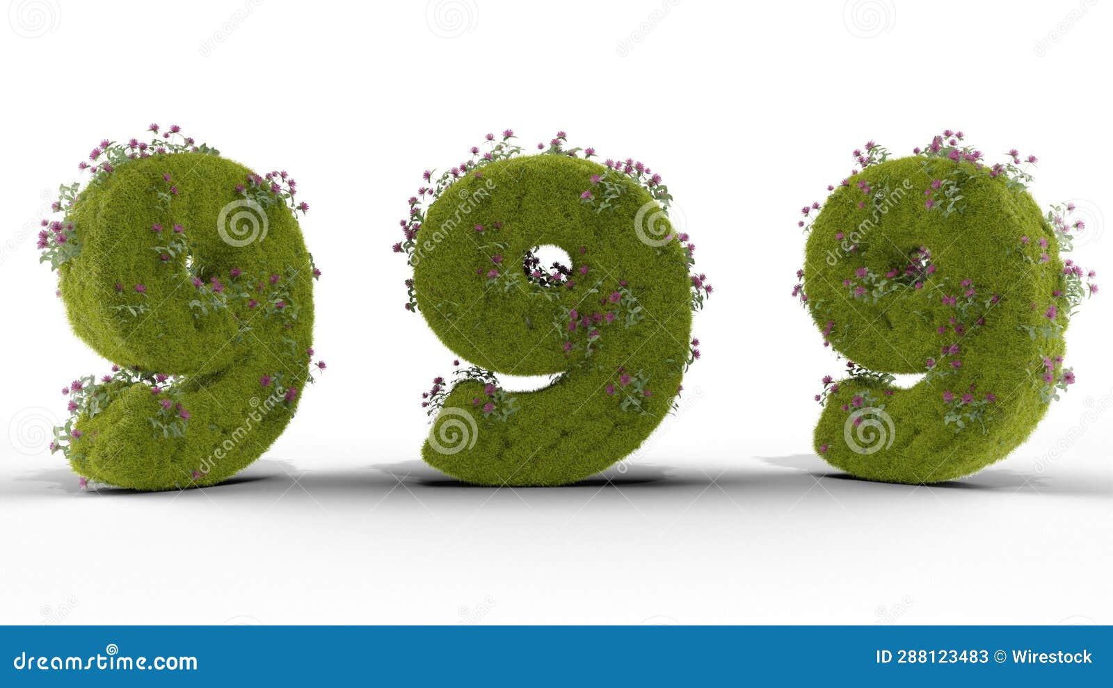 3D Rendering of Three Green Numbers Nine, Decorated with Grass and ...