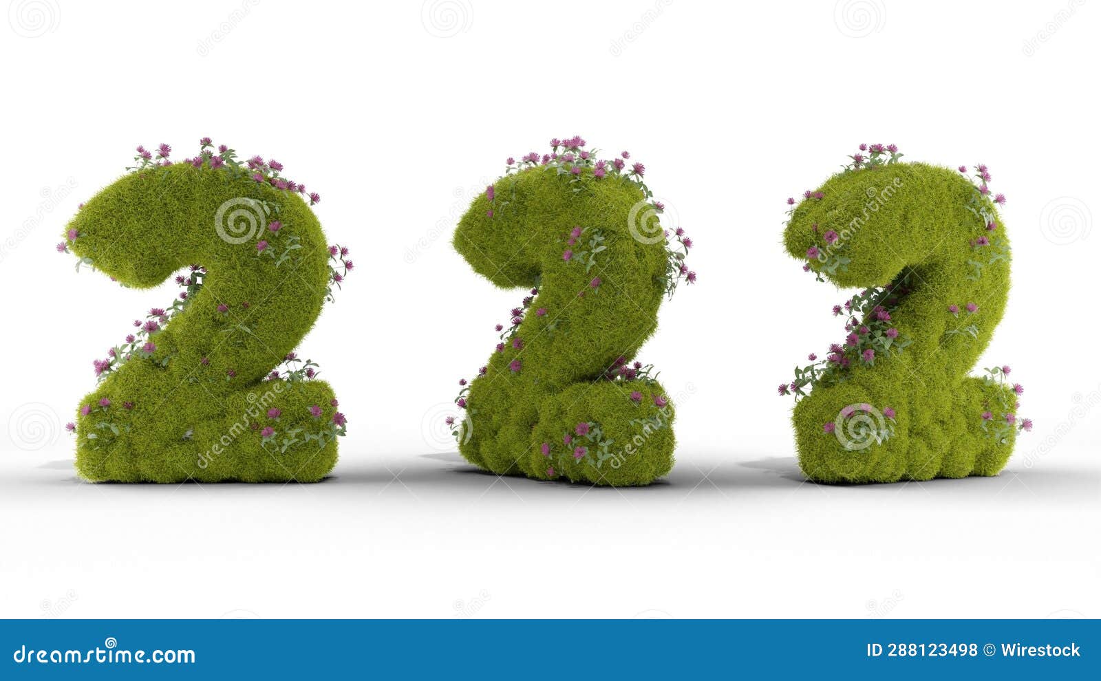 3D Rendering of Three Green Numbers Two, Decorated with Grass and ...
