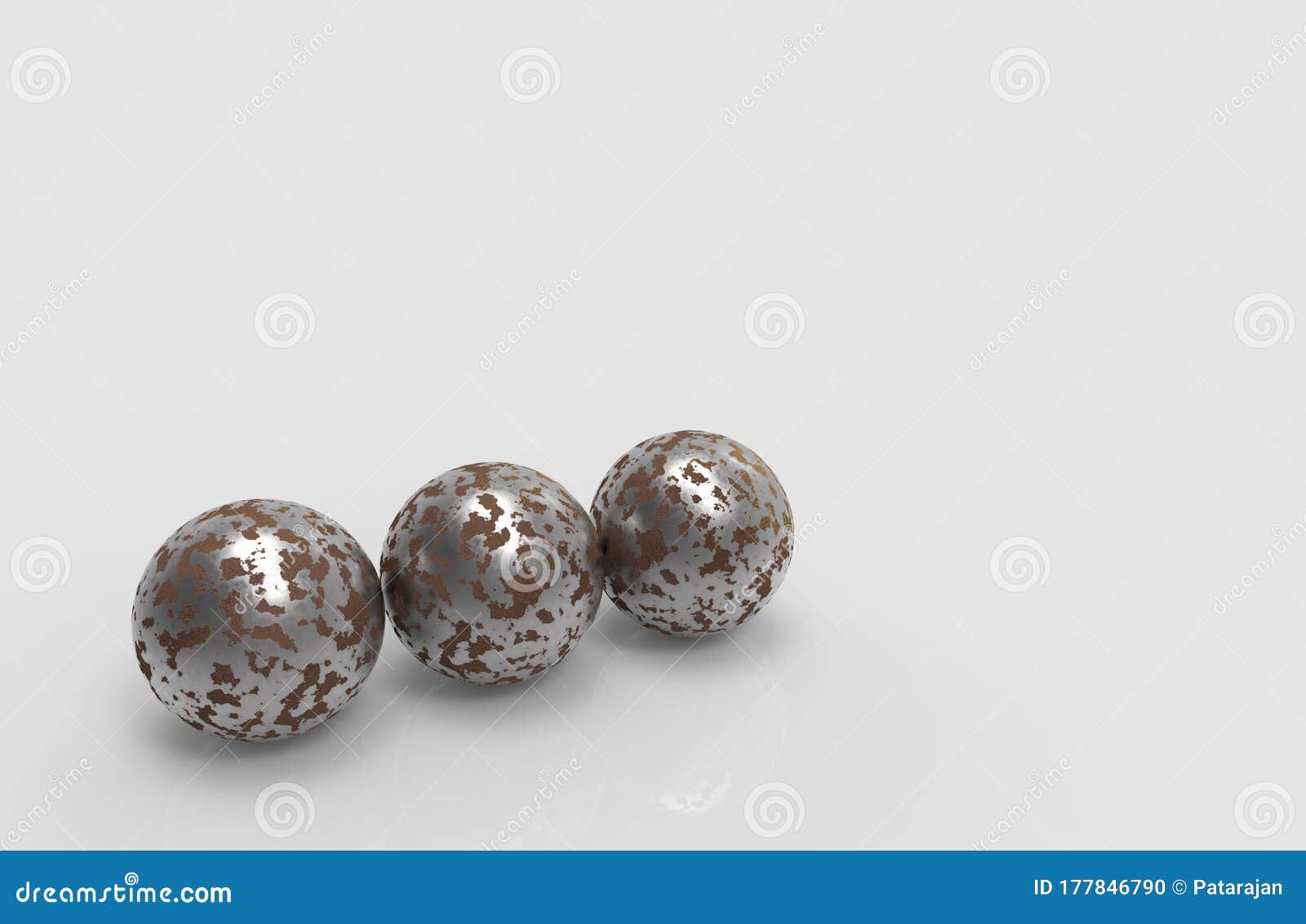 3d Rendering. Three Old Rusty Metal Sphere Ball on Gray Background ...