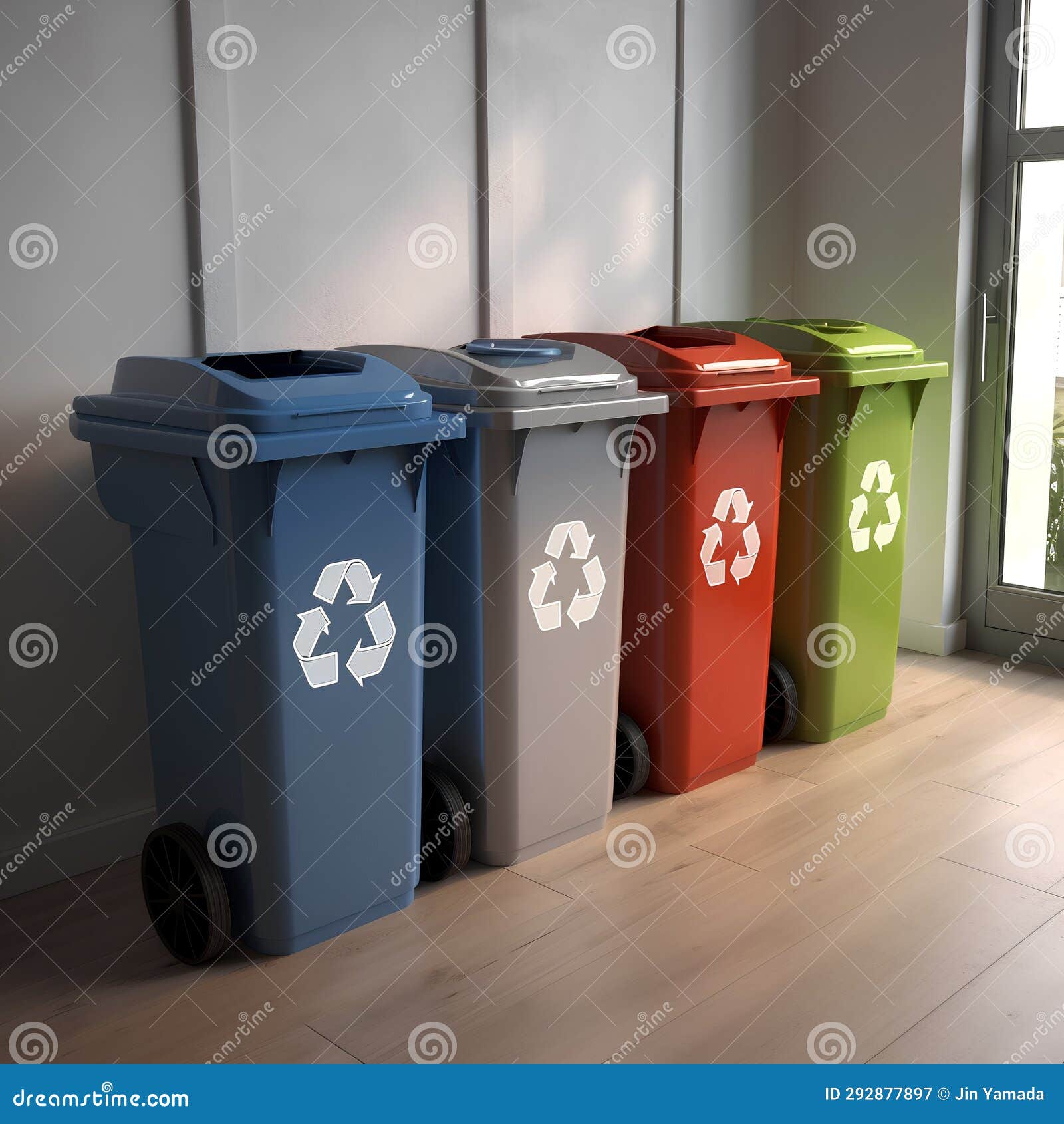 3d Rendering of Three Recycle Bins in a Room with a Window Stock ...