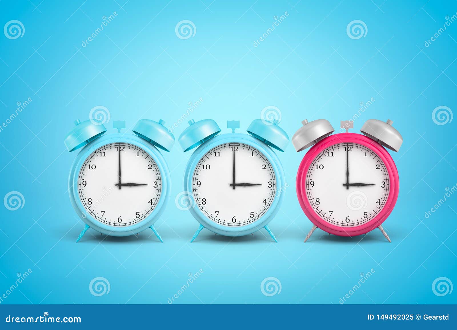 3d Rendering of Three Retro Alarm Clocks, One Pink, the Other Two Blue ...