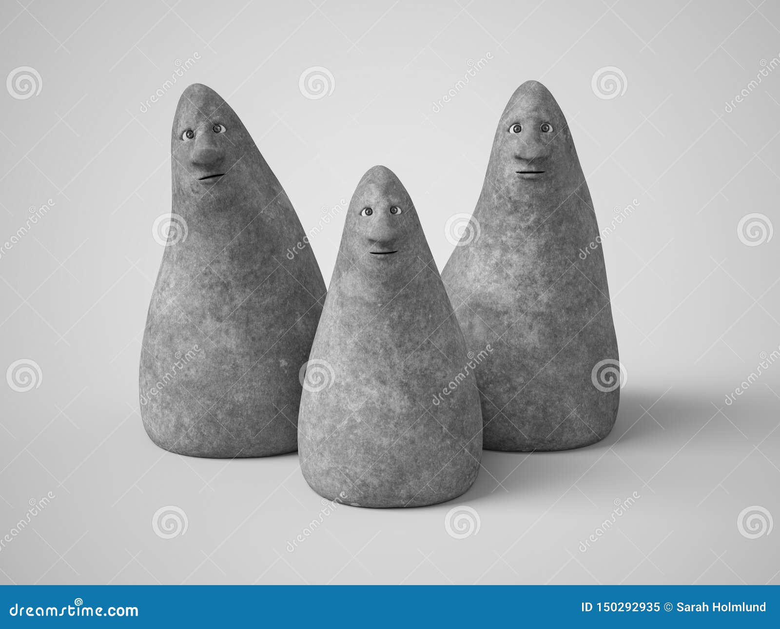 3D Rendering of Three Stone Figures with Faces Stock Illustration ...
