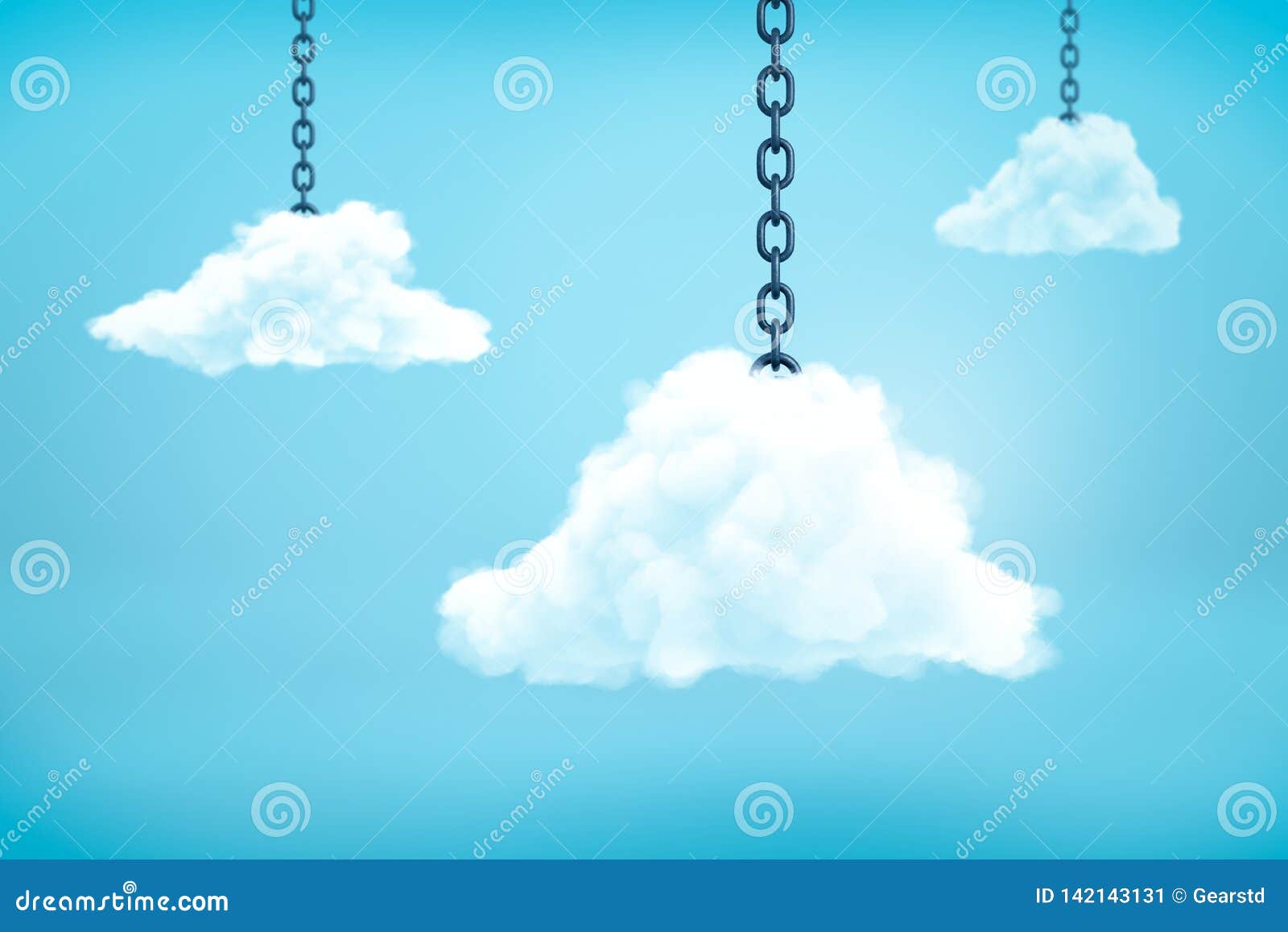 3d Rendering of Three White Fluffy Clouds Hanging on Metal Chains in ...