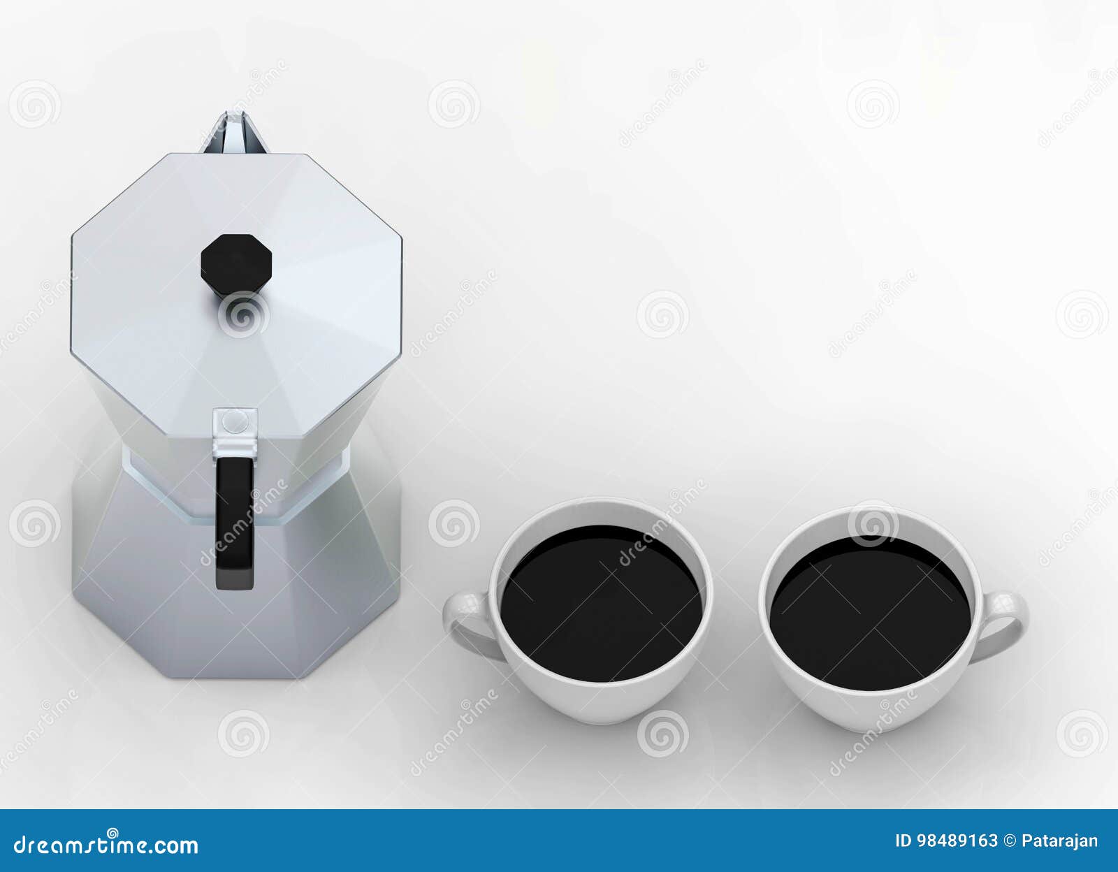 3d Rendering. Top View of Two Black Coffee Cups and Coffee Maker Pot ...