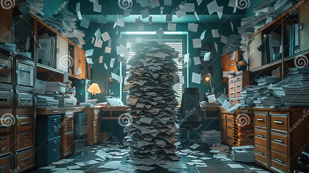 3D Rendering of a Towering File Cabinet Overflowing with Documents ...