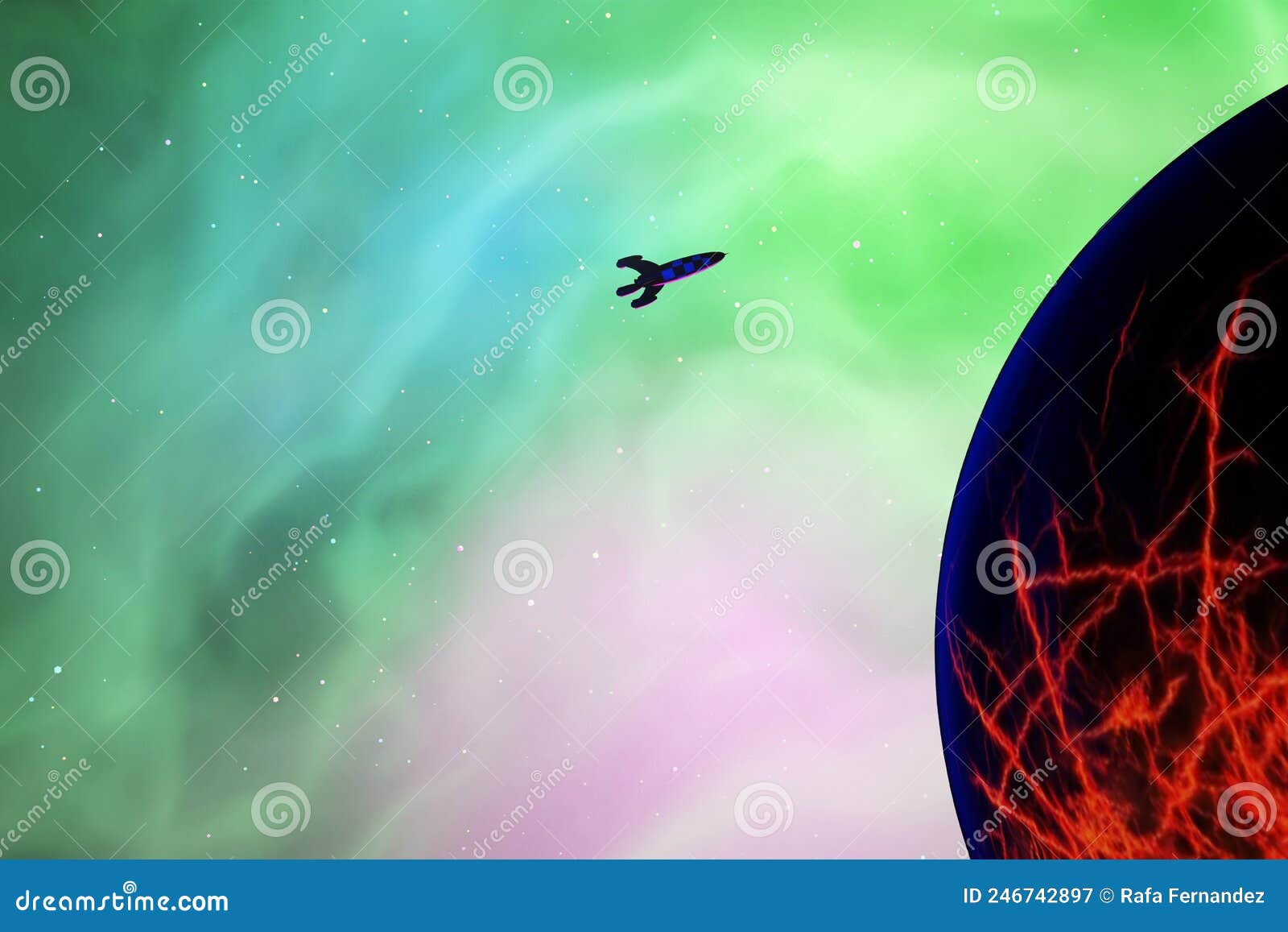 3d Rendering of Toy Space Rocket in Space Flying Over the Planet Earth ...