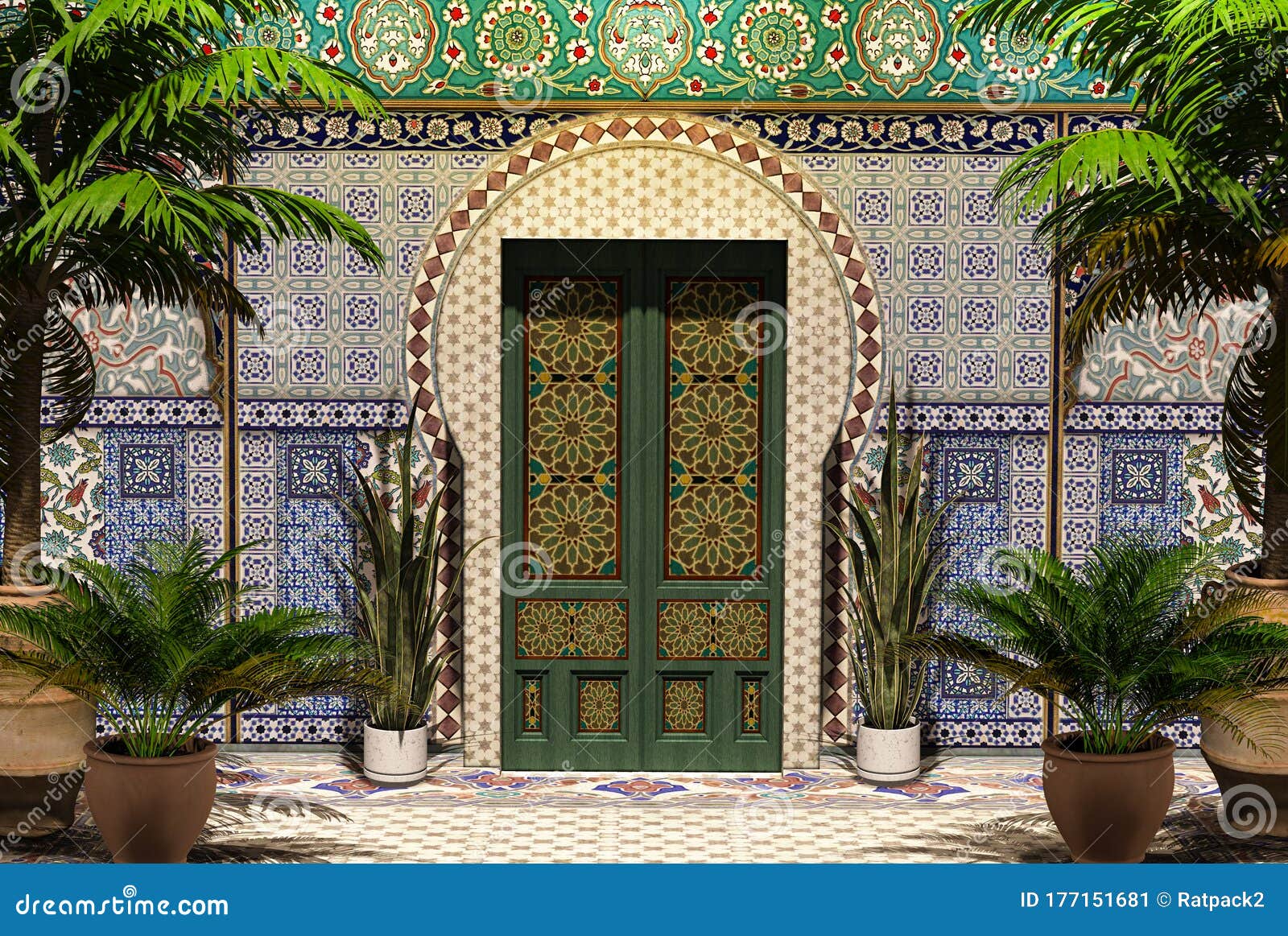 Arabic Home Facade with Front Door, Yard and Palm Trees Stock ...
