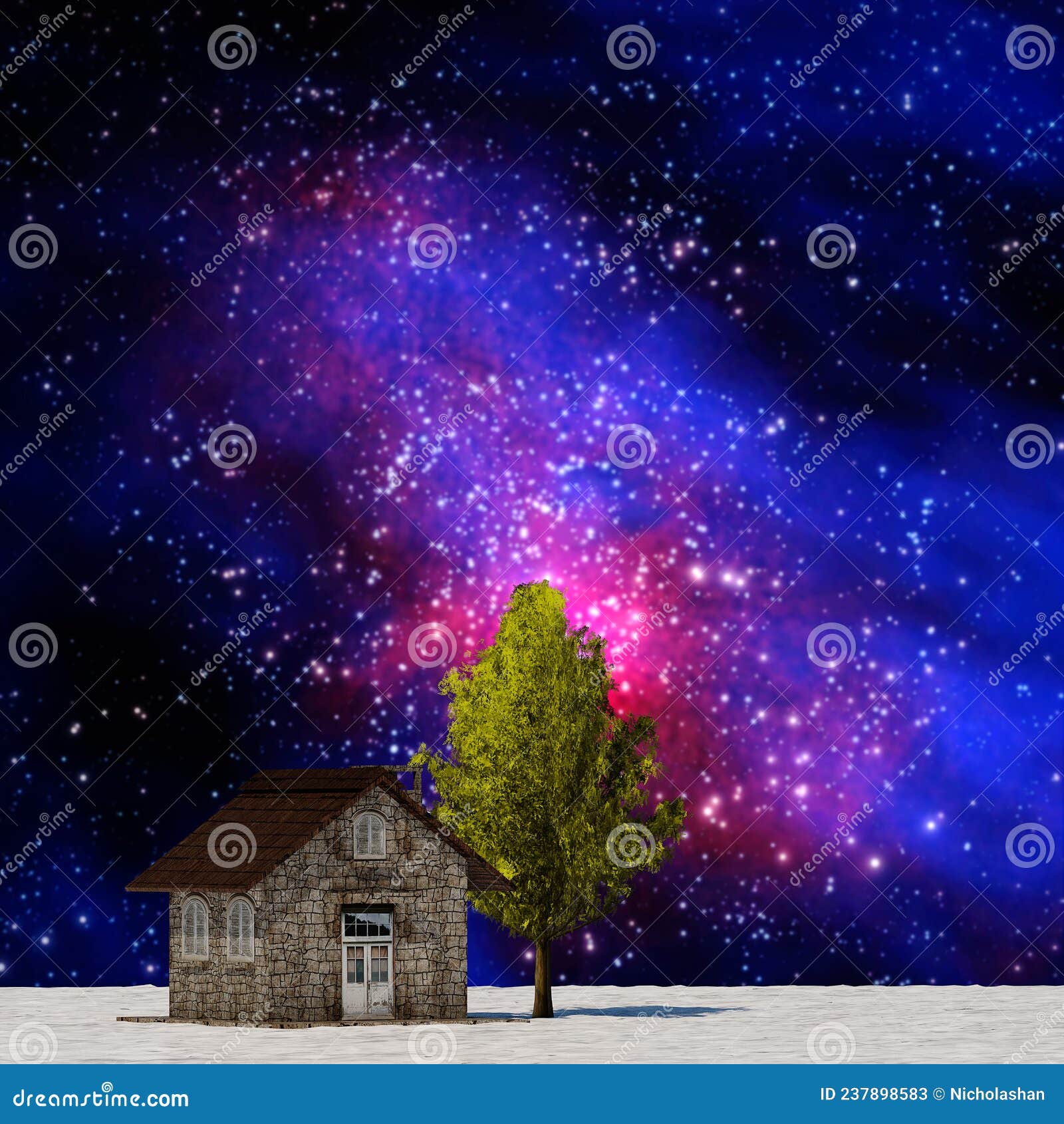 3d Rendering Tree and House in Full Leaf in Winter Against Sky Stock ...