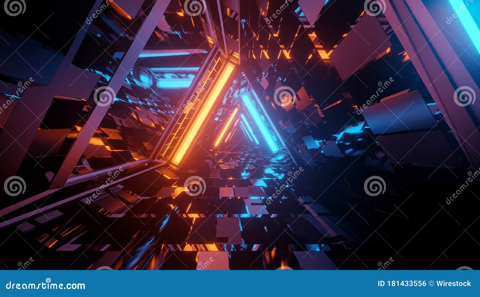 3D Rendering of a Trippy Triangular Hallway in Blue and Orange Colors ...