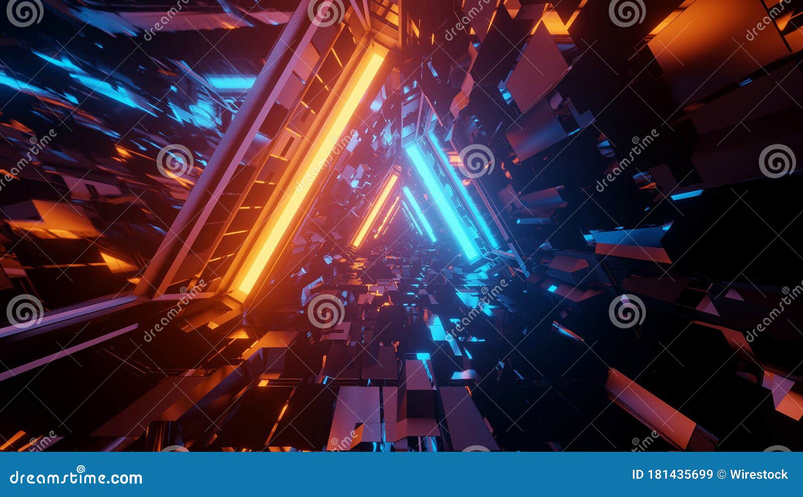 3D Rendering of a Trippy Triangular Hallway in Blue and Orange Colors ...