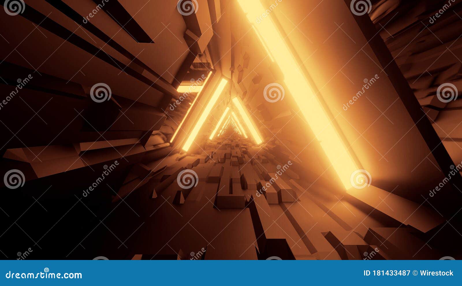 3D Rendering of Trippy Triangular Hallway Illustration in Dark Gold ...