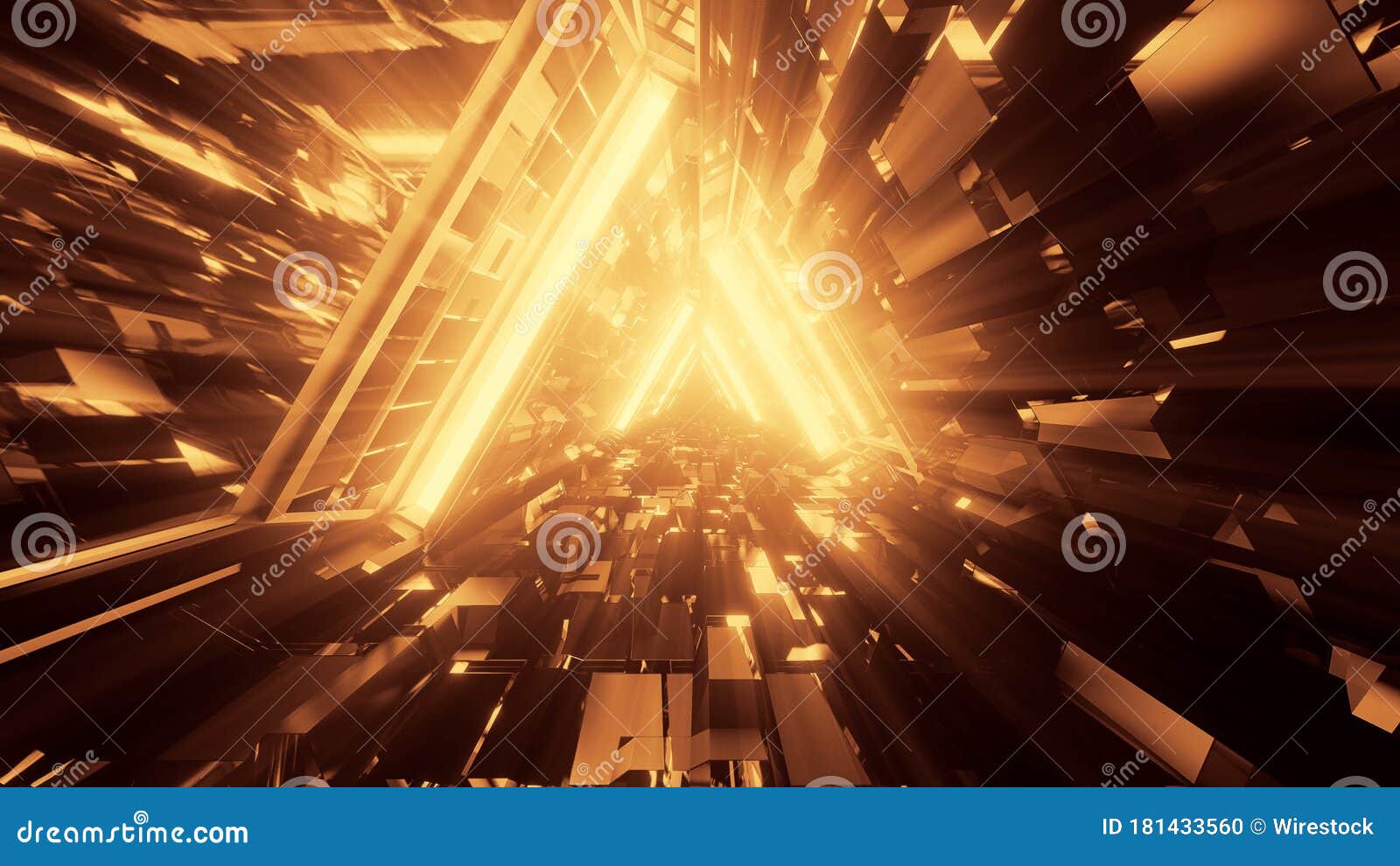 3D Rendering of Trippy Triangular Hallway Illustration in Dark Gold ...