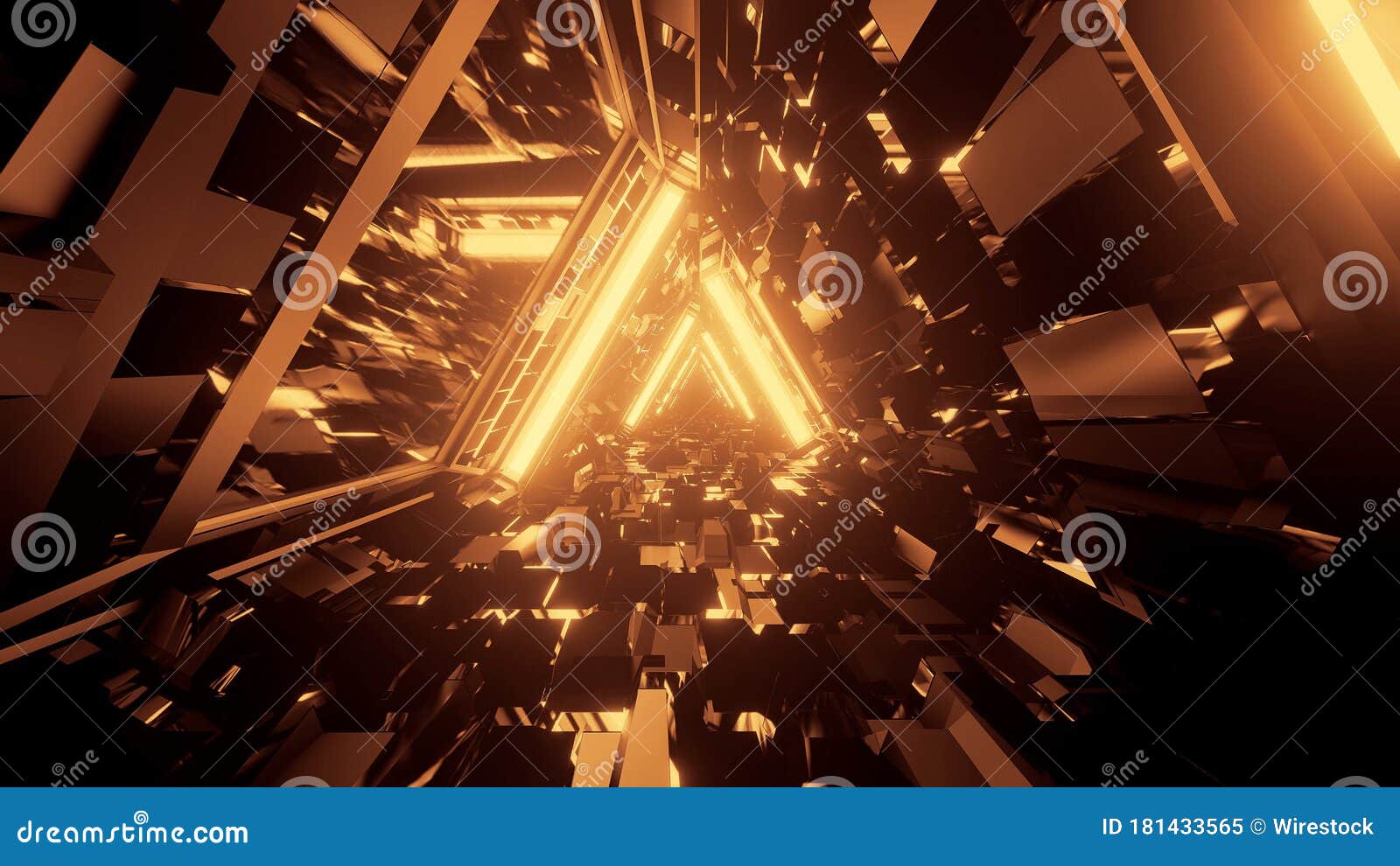 3D Rendering of Trippy Triangular Hallway Illustration in Dark Gold ...