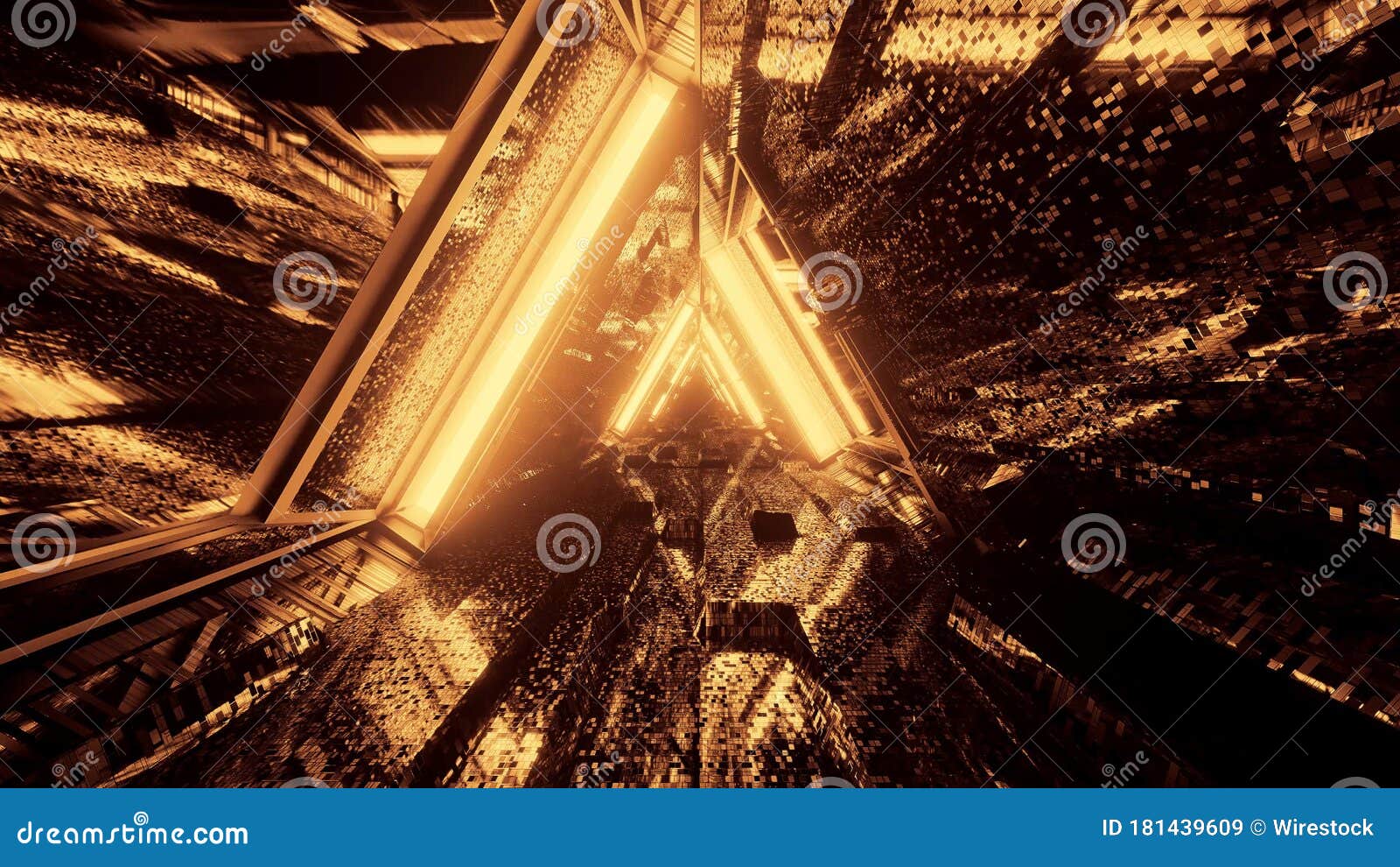 3D Rendering of a Trippy Triangular Hallway Made Up of Gold Lights ...