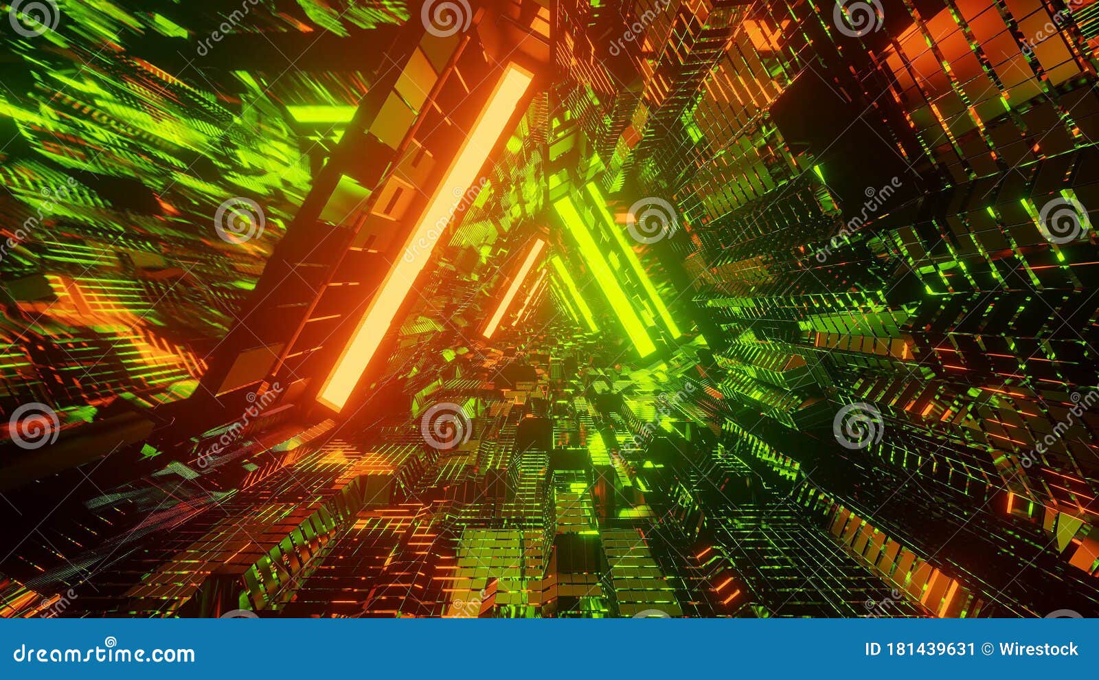 3D Rendering of a Trippy Triangular Hallway Made Up of Green and Orange ...