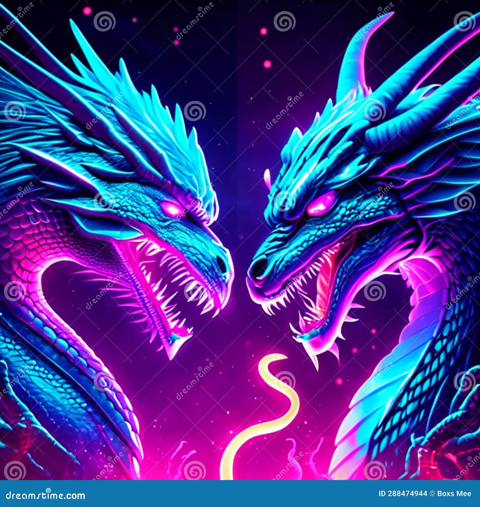 3D Rendering of Two Dragons in Neon Light. Concept of the Future Stock ...