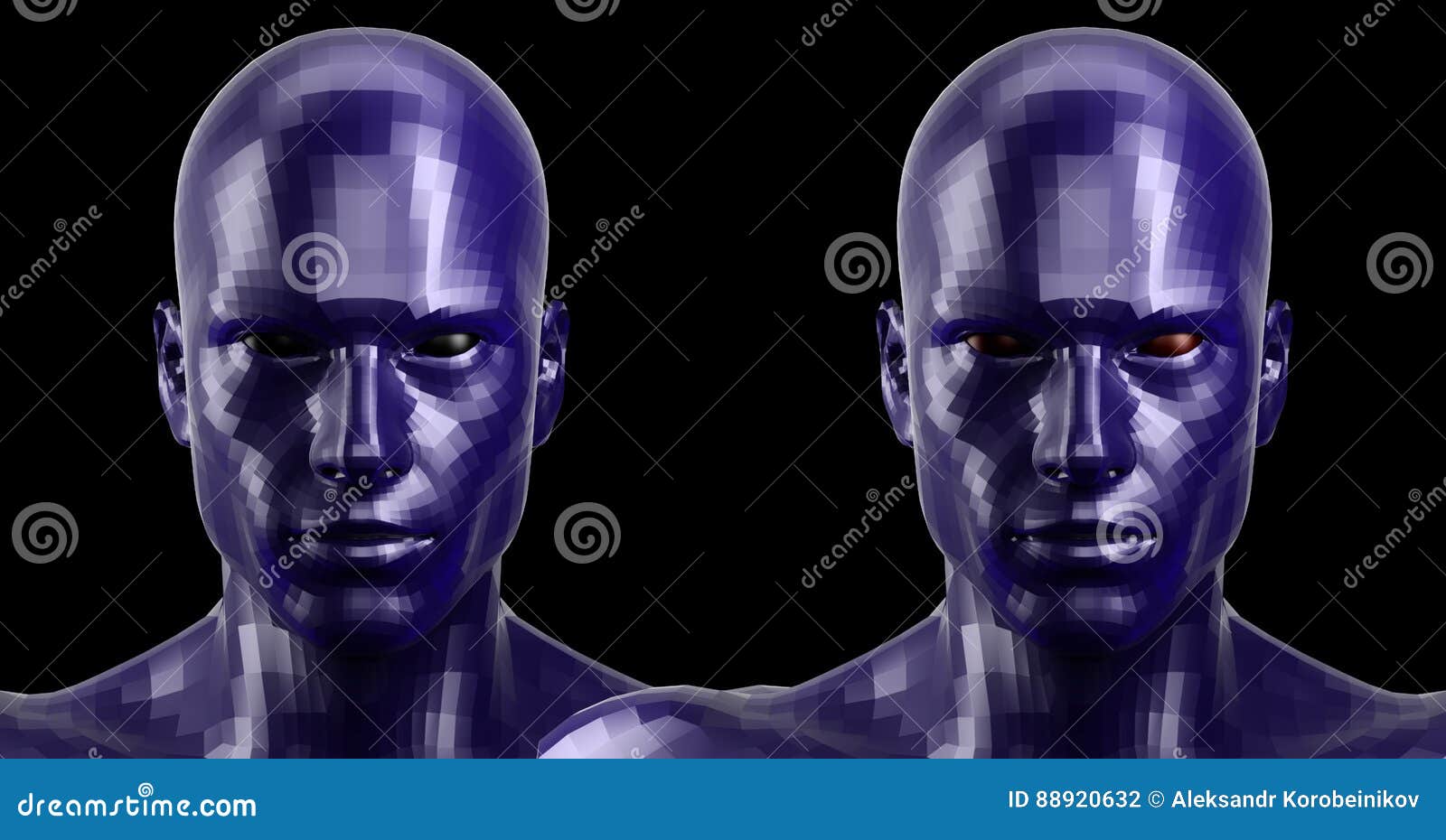 3d Rendering. Two Faceted Blue Android Heads Looking Front on Camera ...