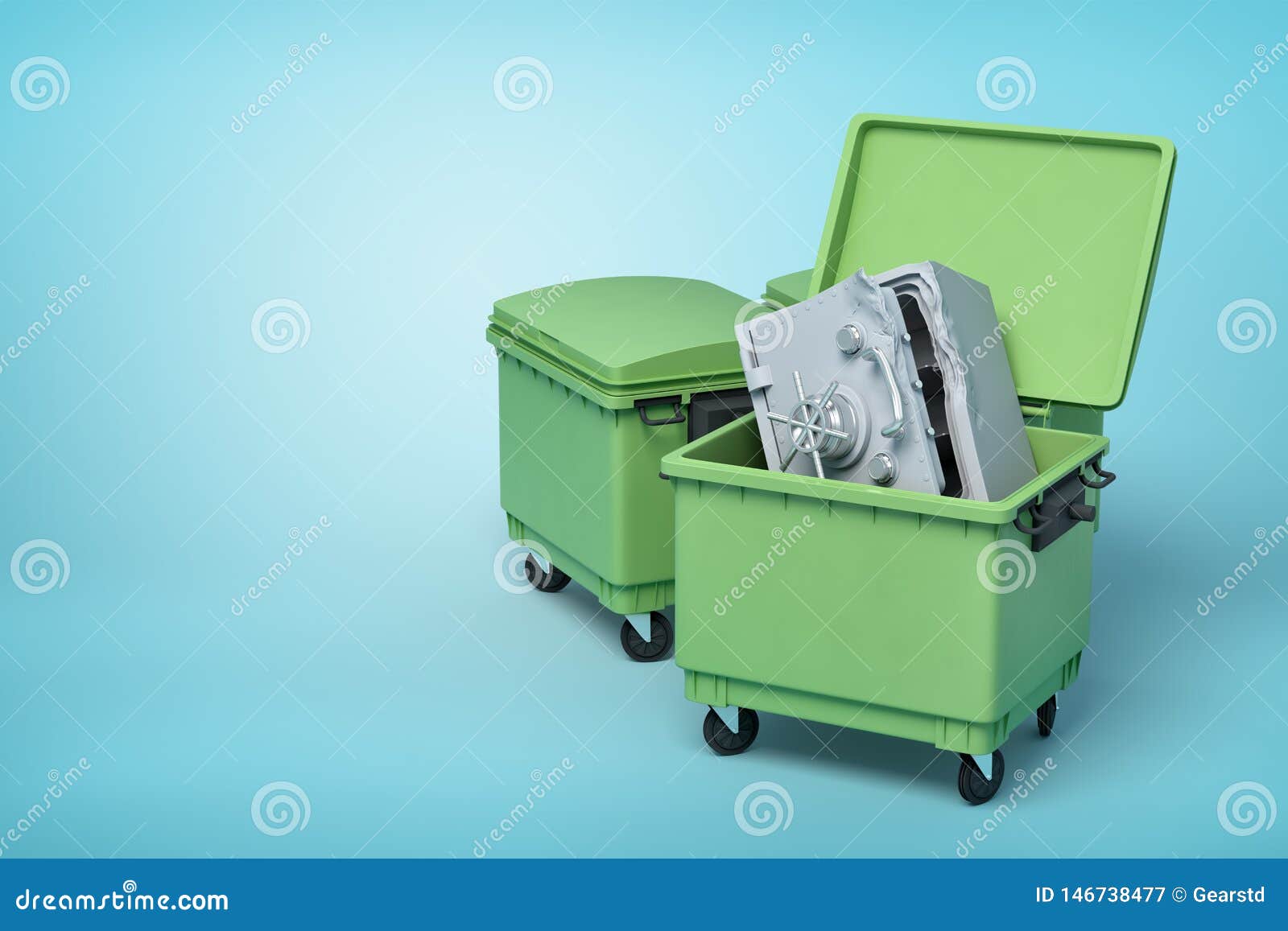 3d Rendering of Two Green Trash Cans, Front Can Open with Bent and ...