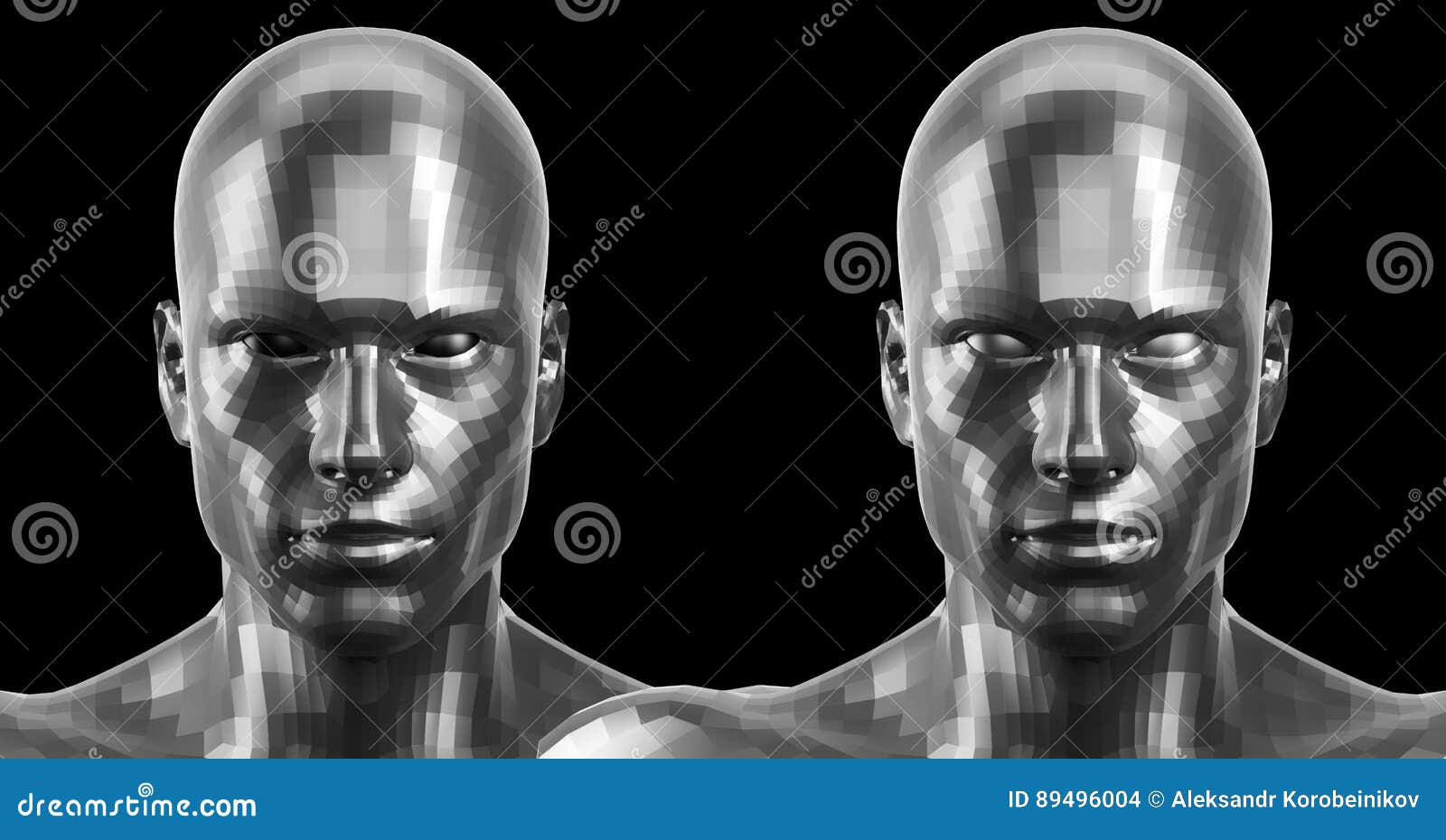 3d Rendering. Two Silver Faceted Android Heads Looking Front on Camera ...