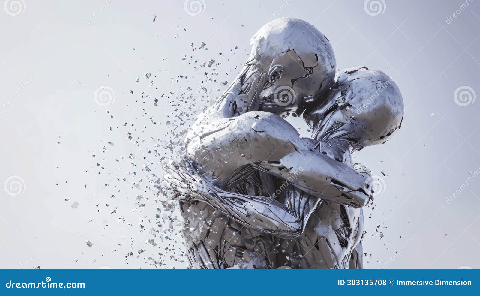 3d Rendering of Two Statues of Silver Humanoid Androids Hugging Each ...