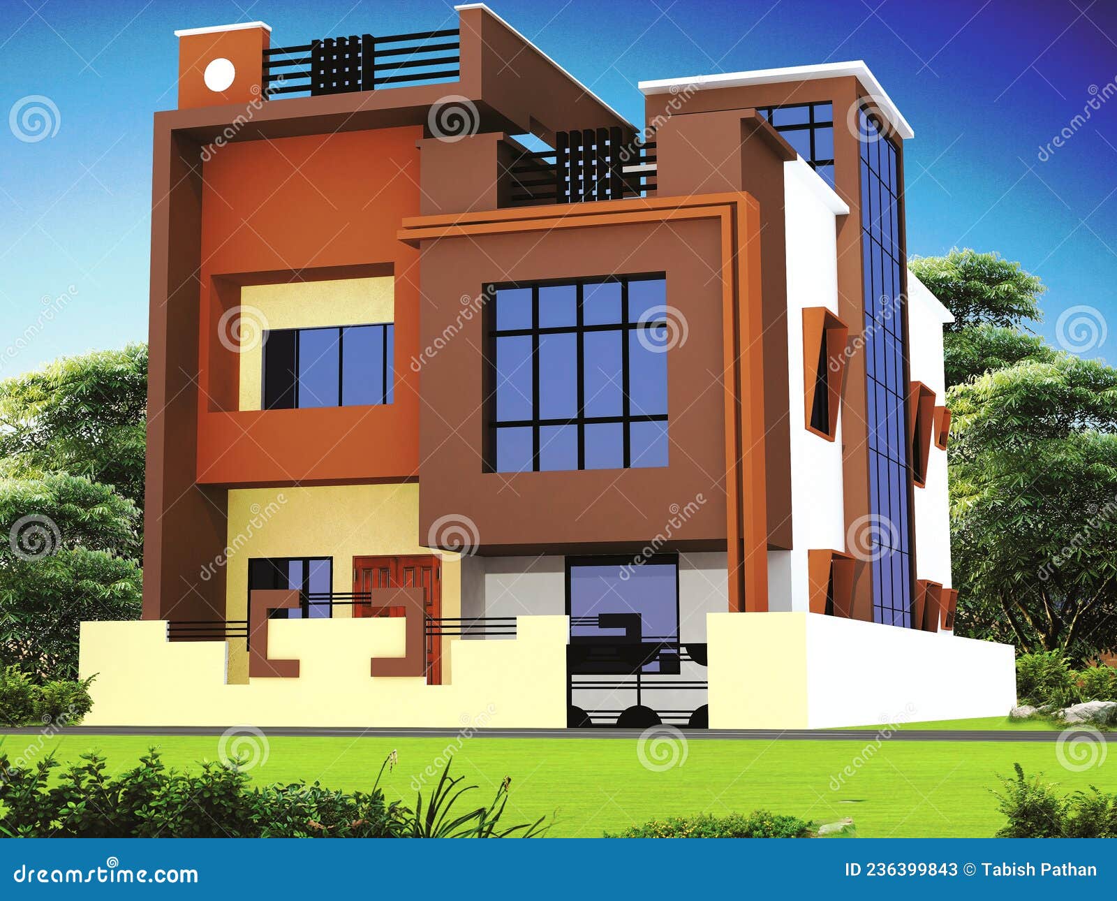 3D Rendering of a Two Storage House Exterior Design with Brown ...