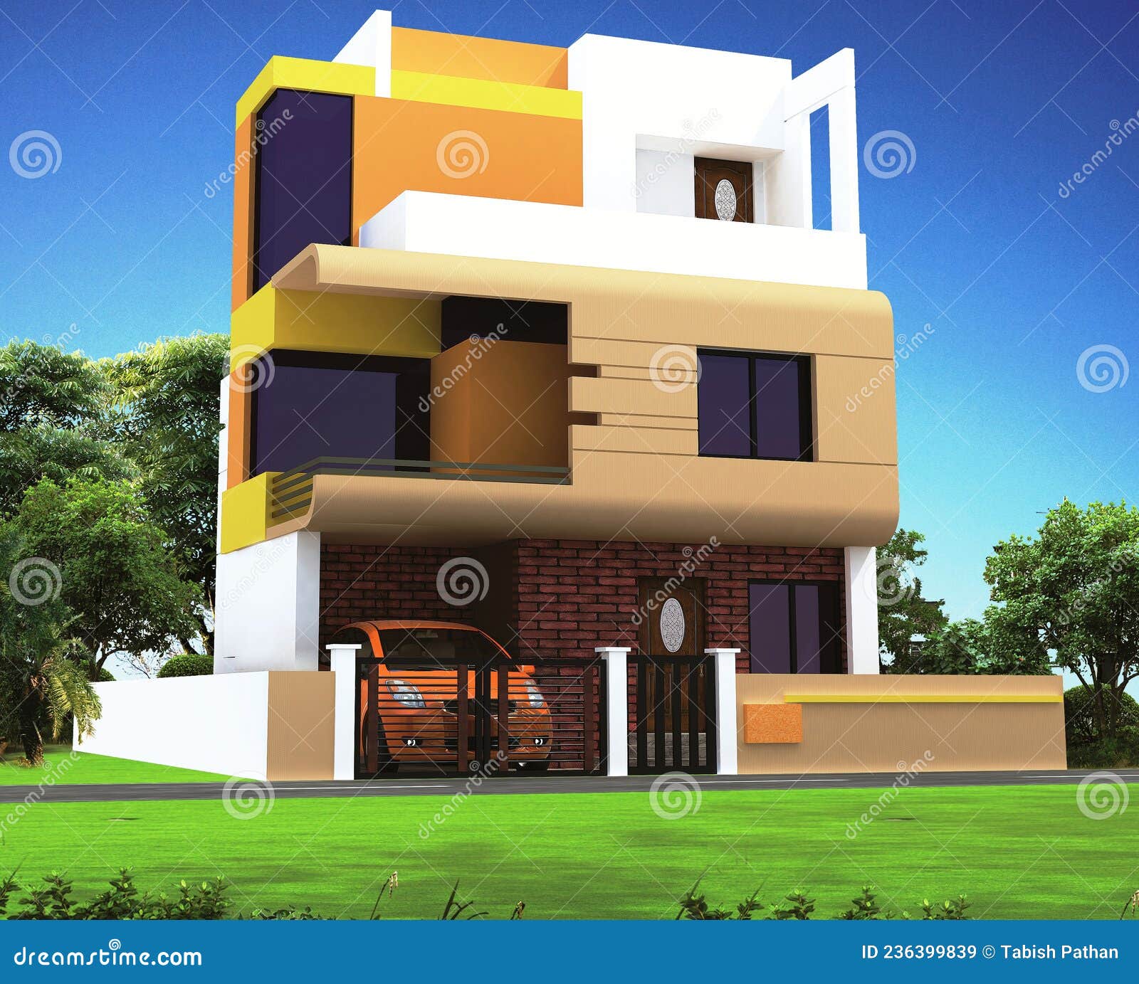 3D Rendering of a Two Storage House Exterior Design with Round ...