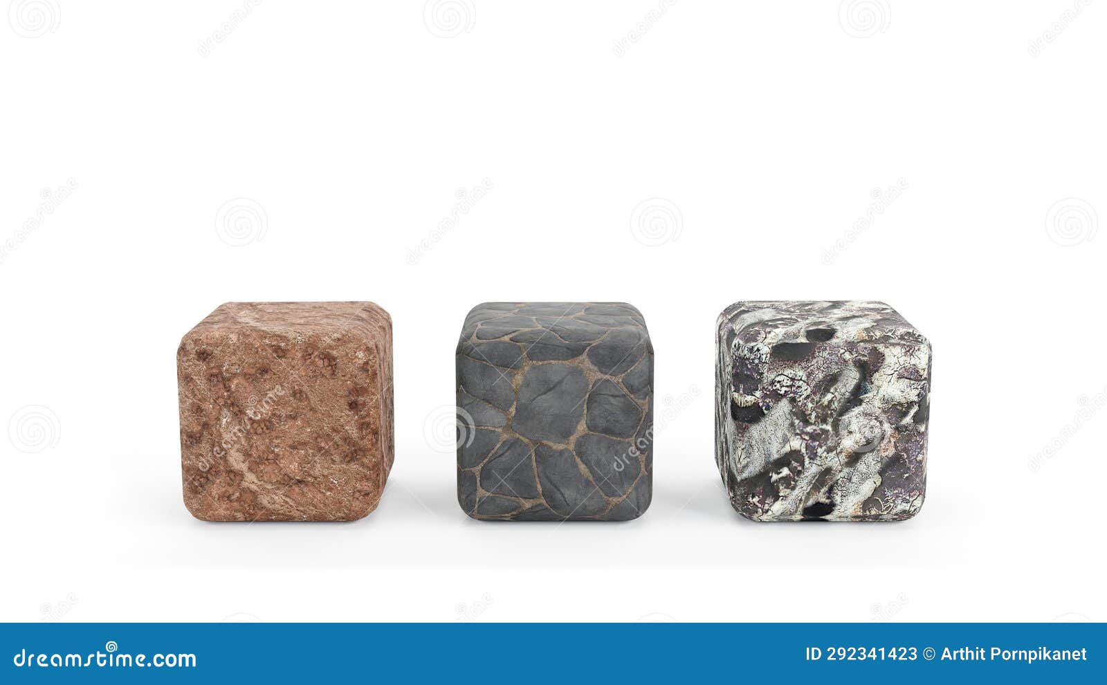3D Rendering of 3 Types of Cubic Stones Texture for Display on White ...