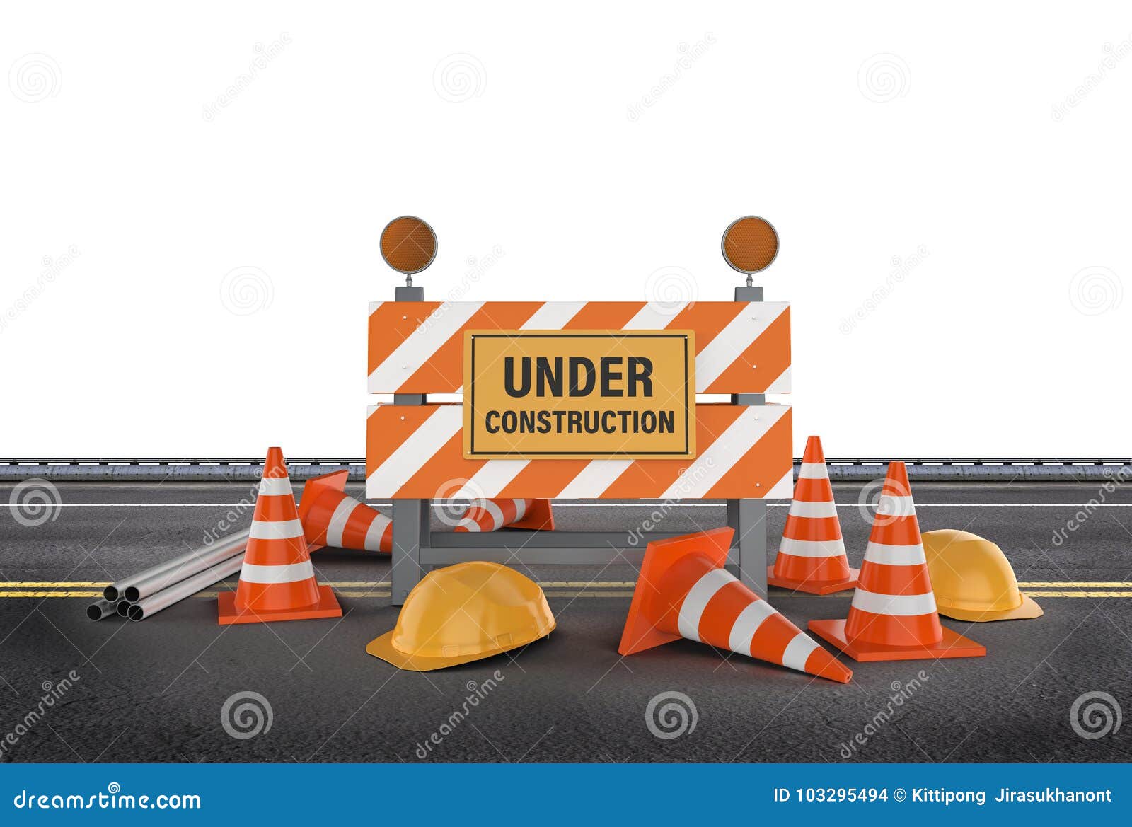 Under Construction Sign with Barrier and Cones Stock Illustration ...