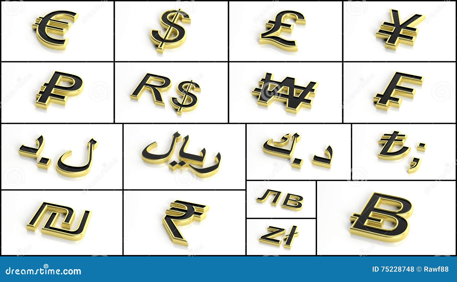 3d Rendering Various Currency Symbols Collage Stock Illustration ...