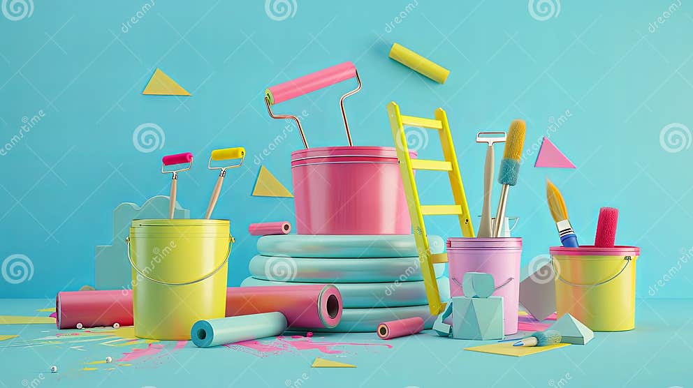 A 3D Rendering of Various Painting Supplies and Tools, Including ...