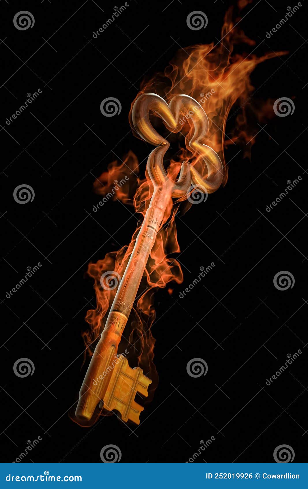 3D Rendering of a Vintage Brass Key Burning in Flame Stock Illustration ...