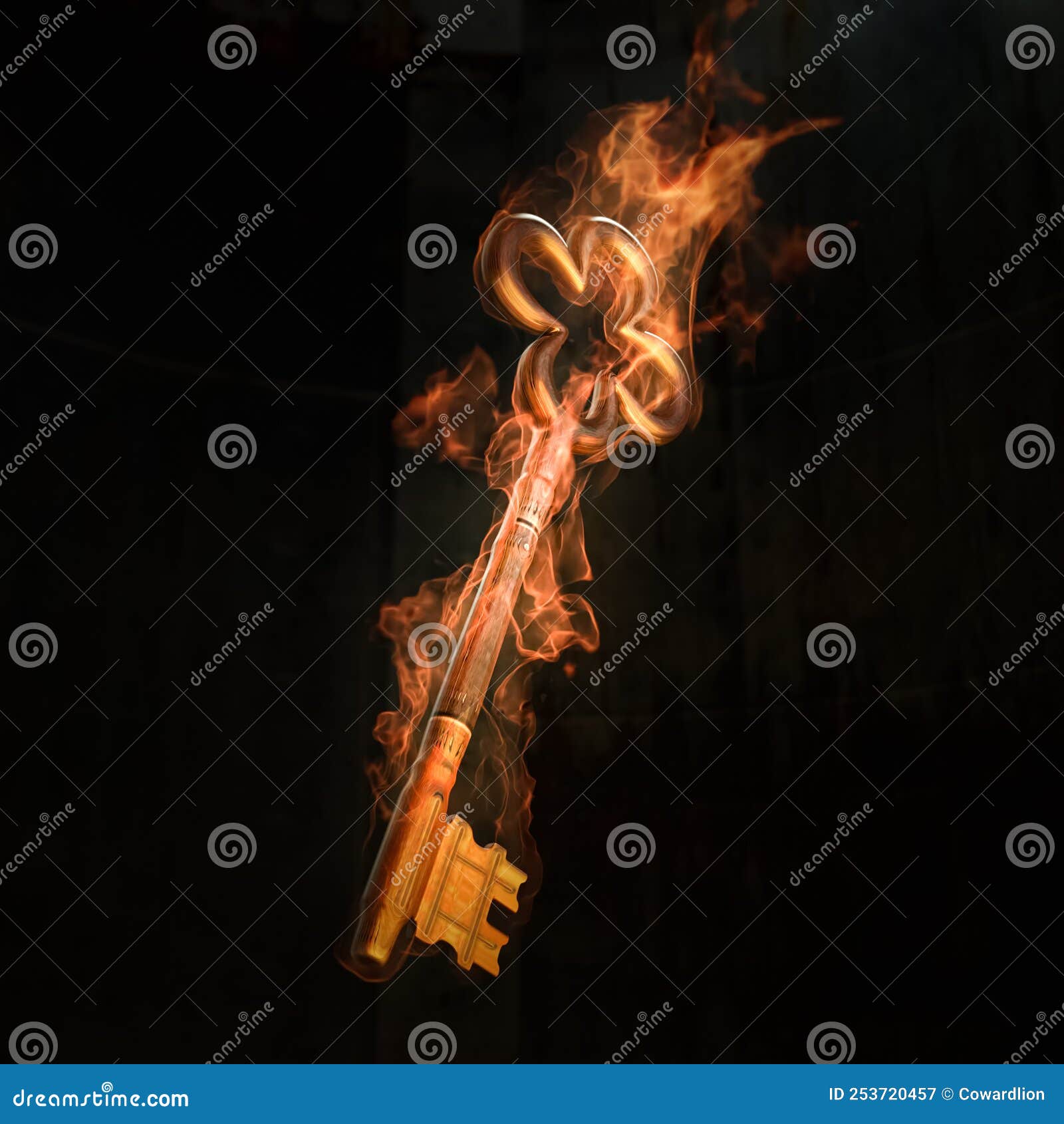 3D Rendering of a Vintage Brass Key Burning in Flame Stock Illustration ...