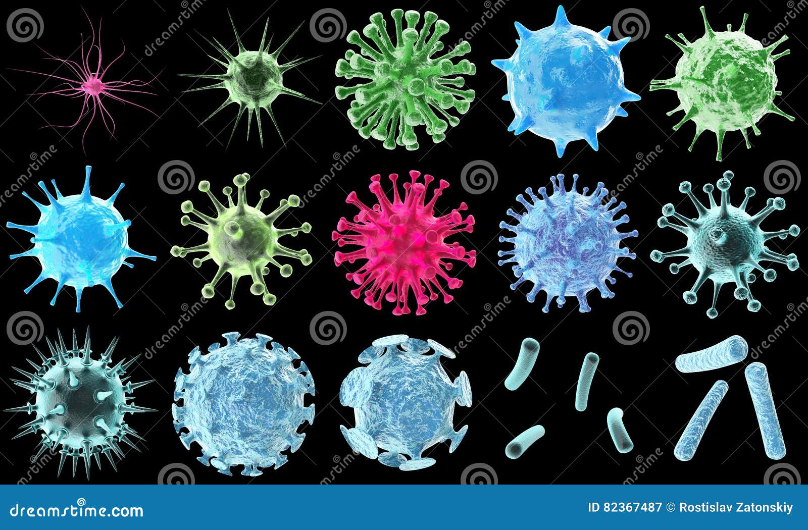 3d Rendering Virus Bacteria Icons Set, Abstract Beautiful ...