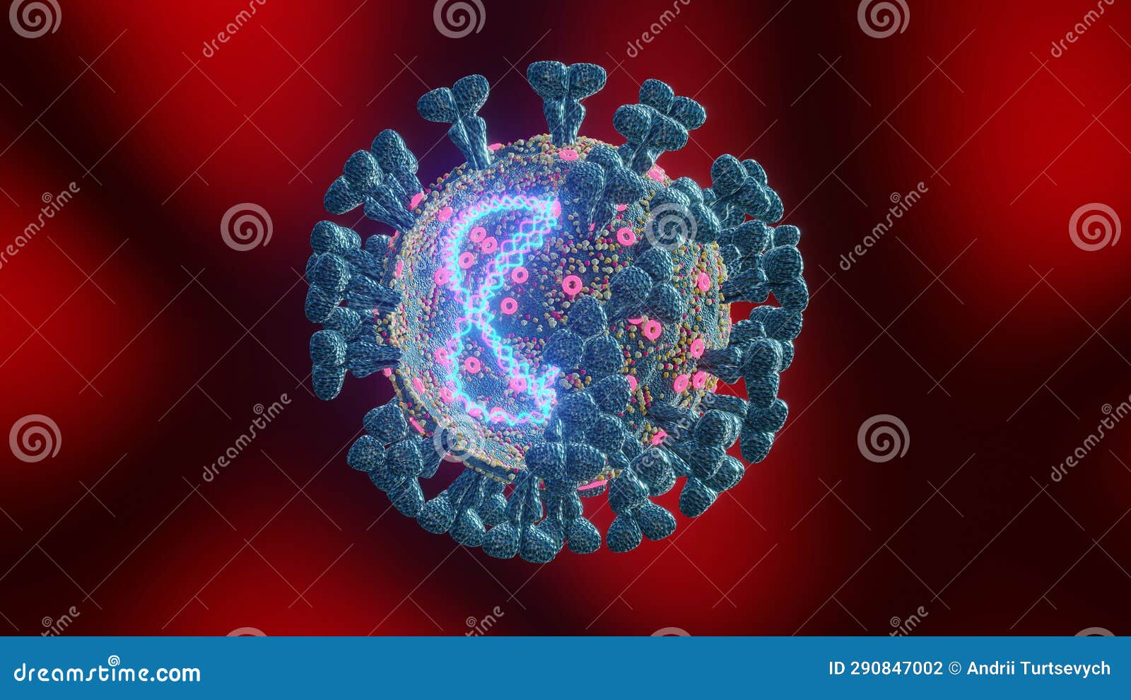 3D Rendering of Virus Particle with Blue Spikes on Red Cell Background ...