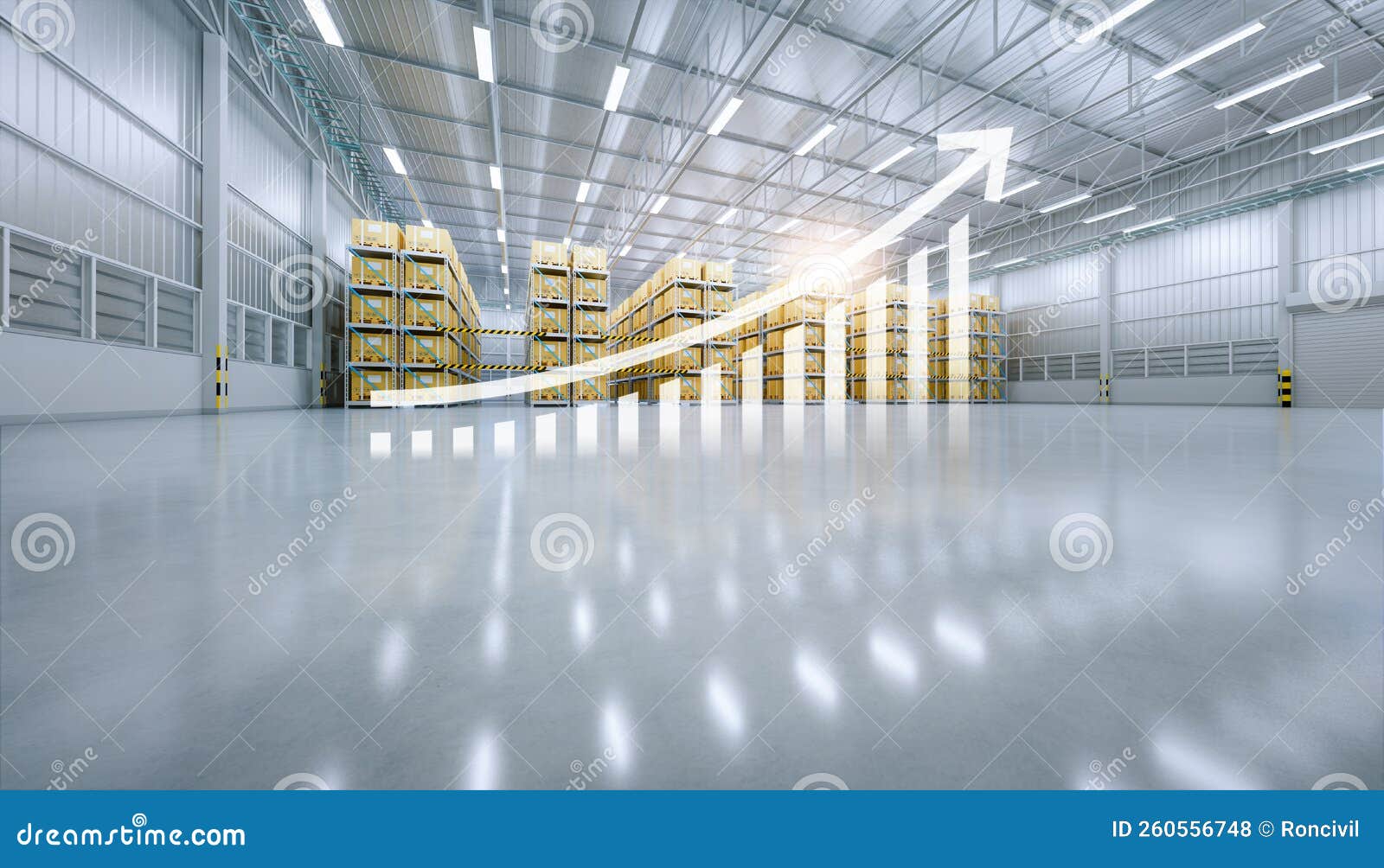 3d Rendering of Warehouse with Concept for Growth, Productivity. Stock ...
