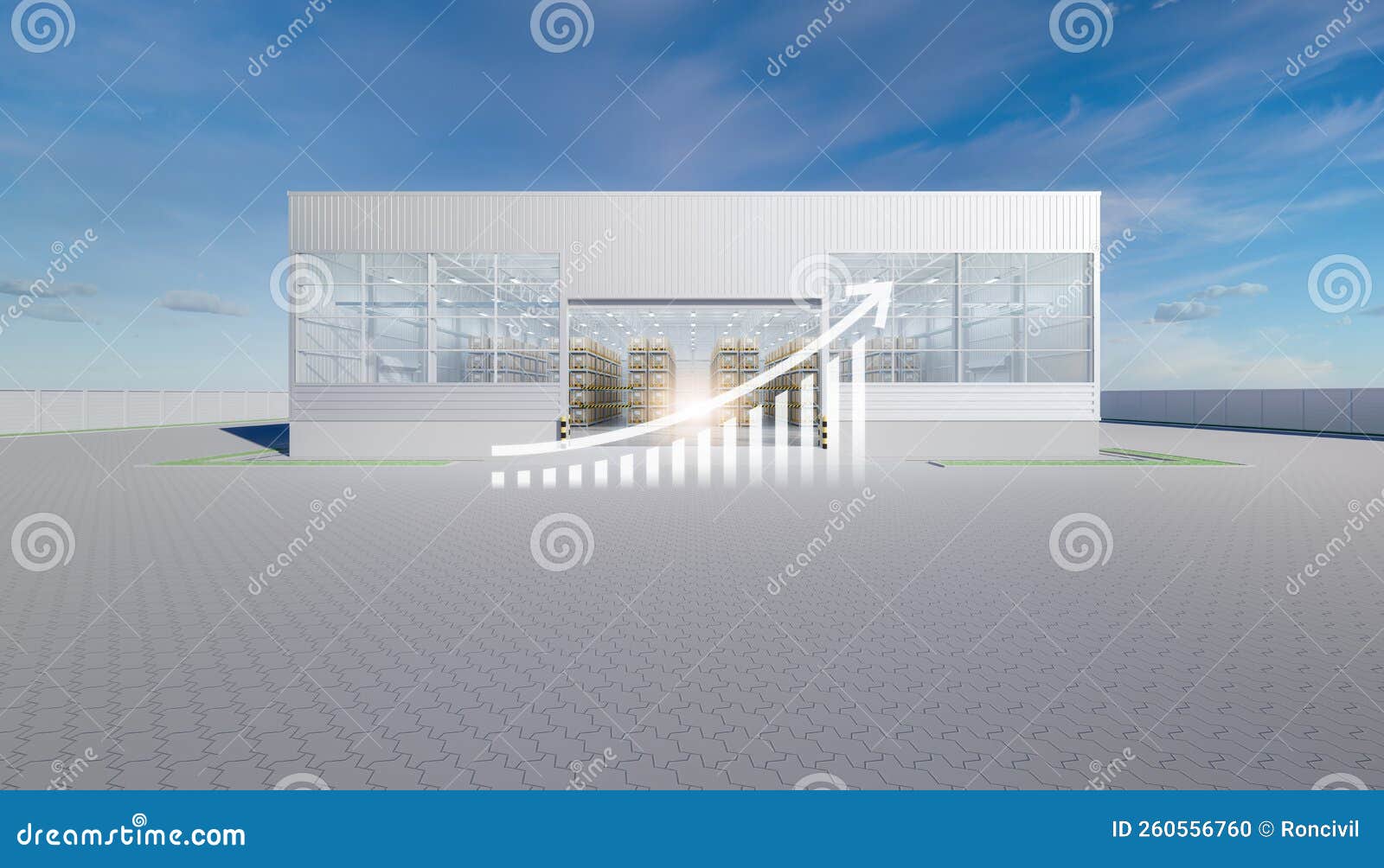 3d Rendering of Warehouse with Concept for Growth, Productivity. Stock ...
