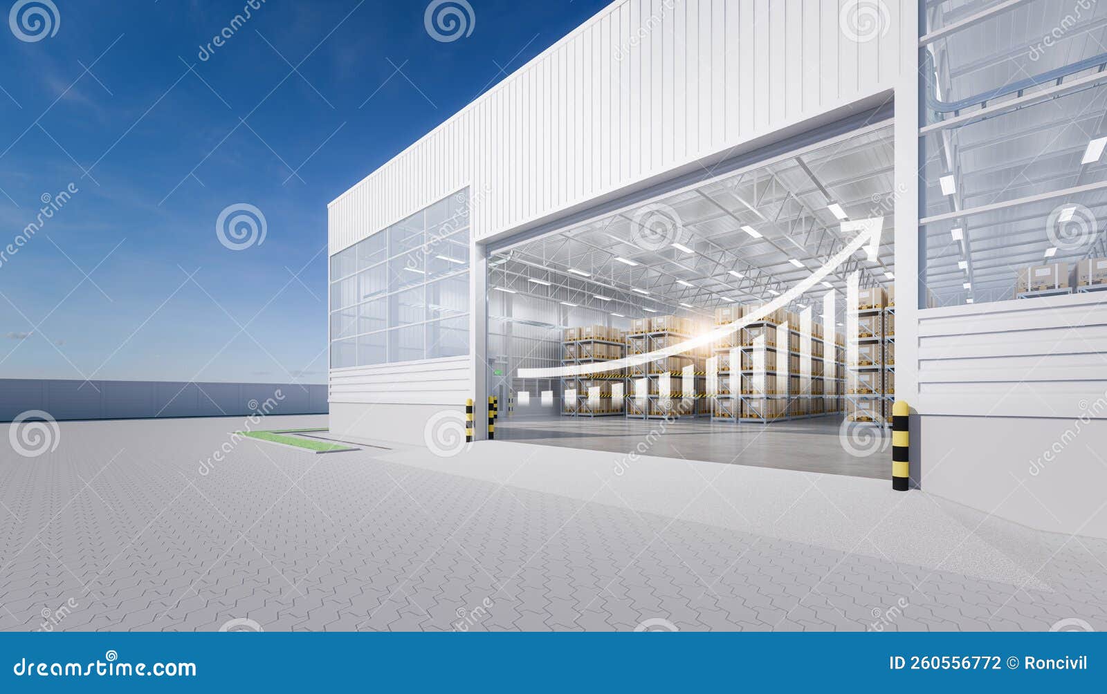 3d Rendering of Warehouse with Concept for Growth, Productivity. Stock ...