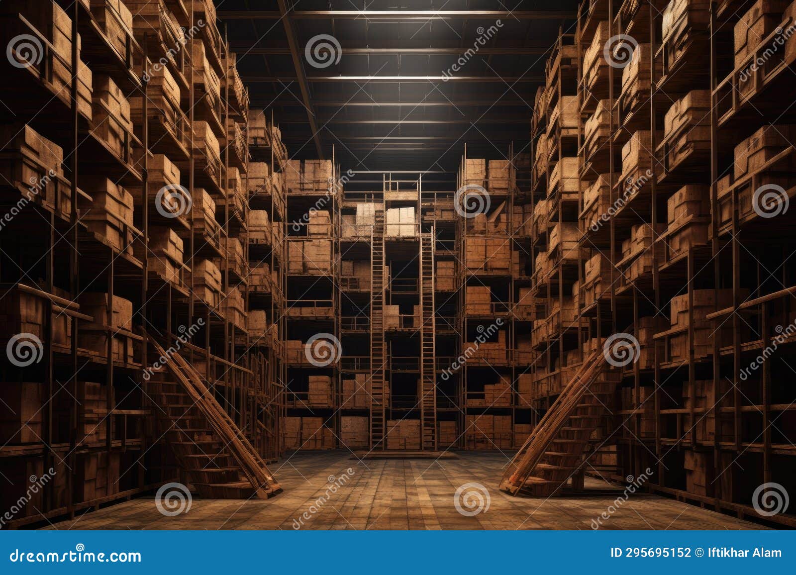 3D Rendering Of A Warehouse With Rows Of Wooden Boxes In A Warehouse ...