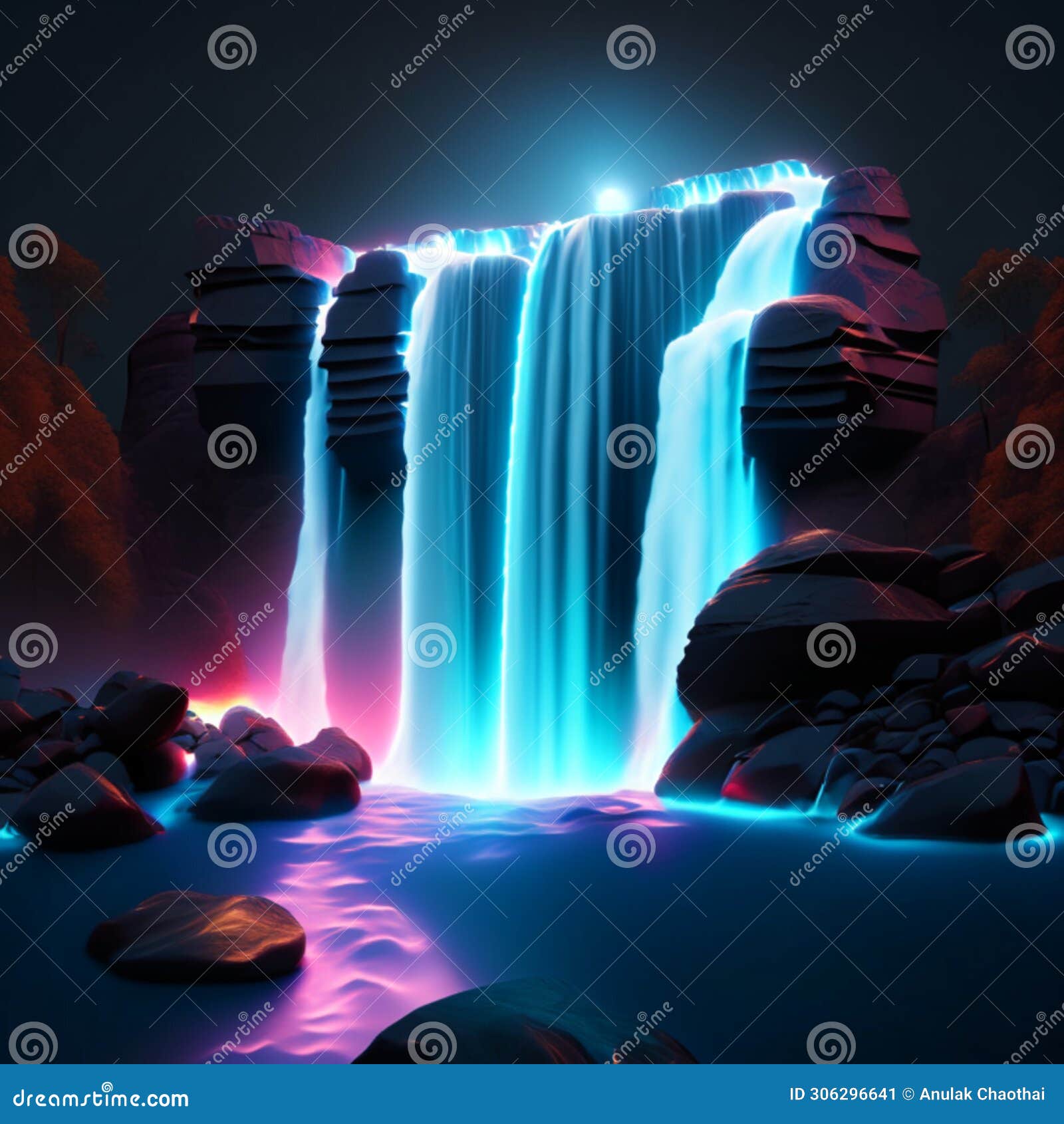 3d Rendering of a Waterfall in the Night with a Blue Light AI Generated ...