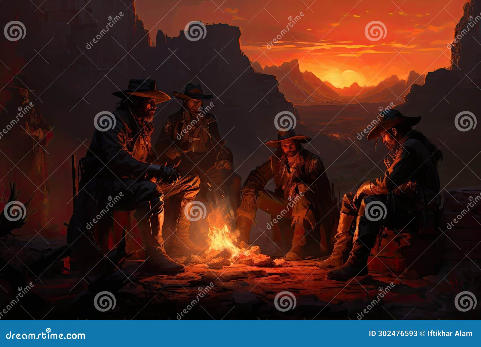 3D Rendering of a Western Scene with a Cowboy Sitting by the Fire, AI ...