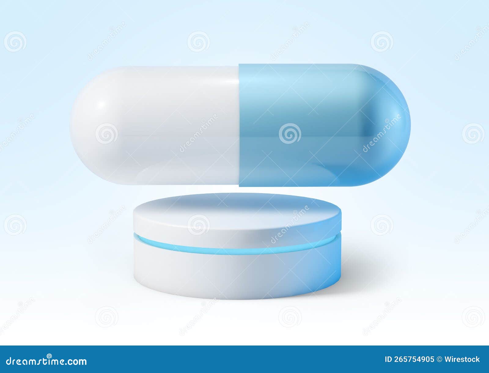 3D Rendering of a White and Blue Pill Above a Podium on White ...