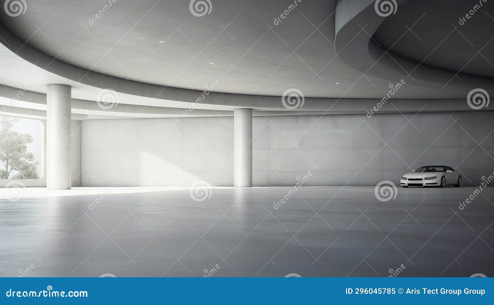 Concrete Garage With Dim Lighting And Large Doors For Cars To Enter ...