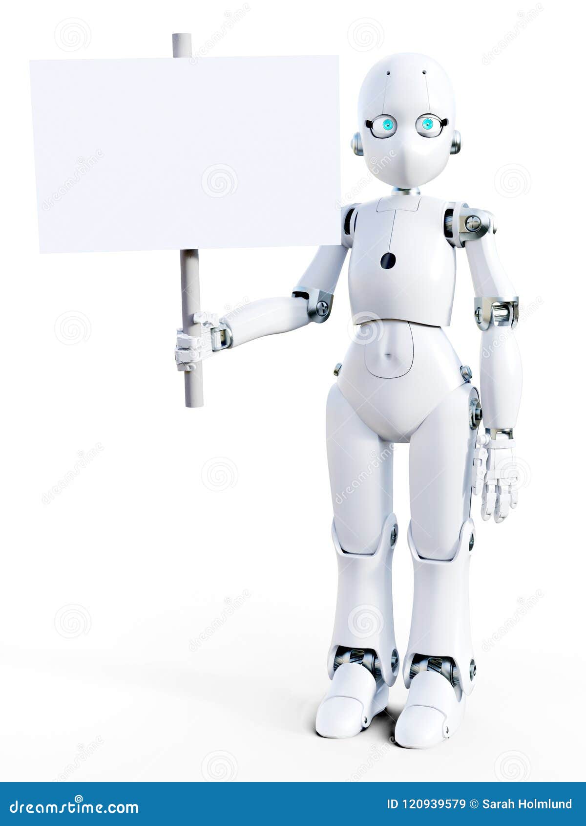 3D Rendering of a White Cartoon Robot Holding Blank Sign. Stock ...